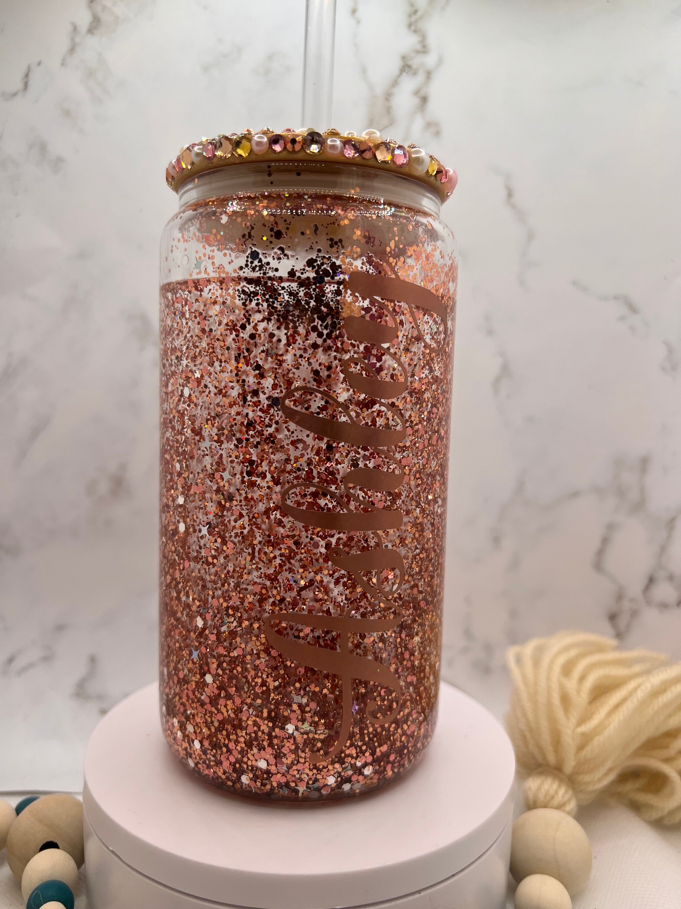 Create Your Own! 16 Oz Libby Snow Globe Glass With Glitter and Personalized Rhinestone Lid - Etsy