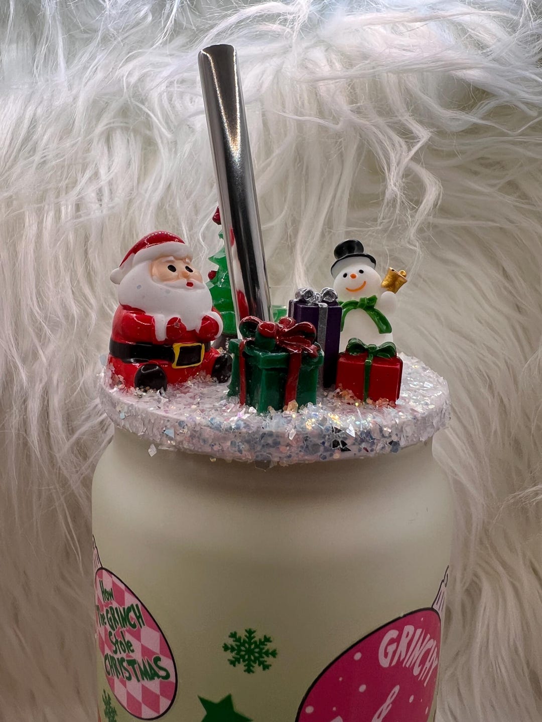 Green Grinch Libby Cup With Decorated Lid With Christmas Miniatures ...