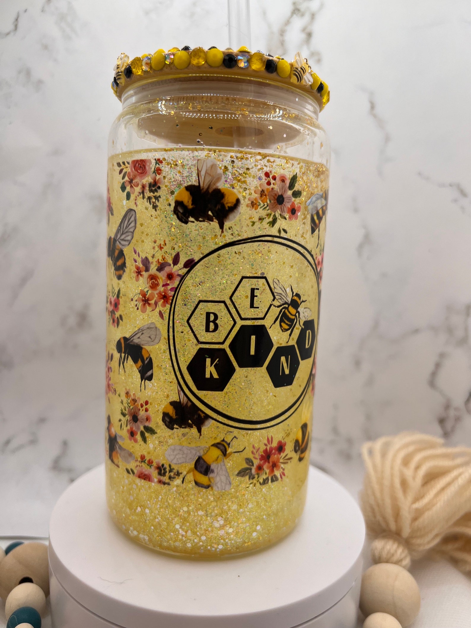 Snow Globe Glass “be Kind” With Glitter and Custom Rhinestone Lid | Bees | 16 Oz Libby - Etsy