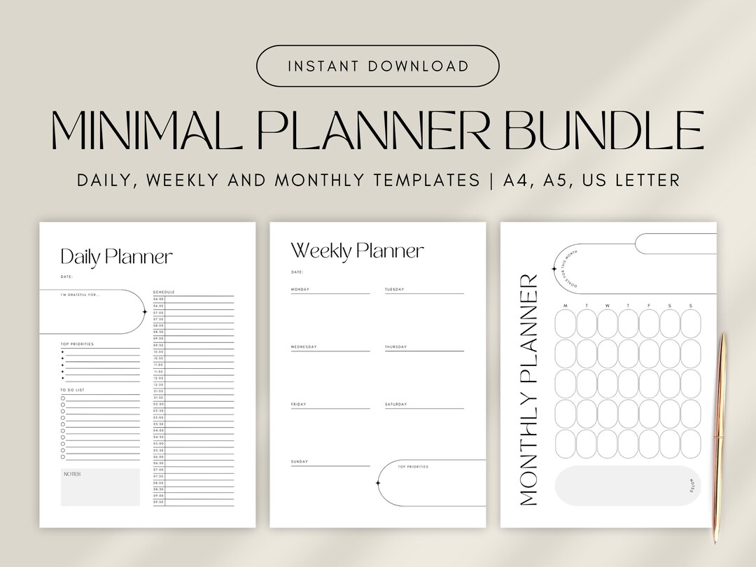 Minimal Planner Bundle, Daily Planner, Weekly Planner, Monthly Planner ...