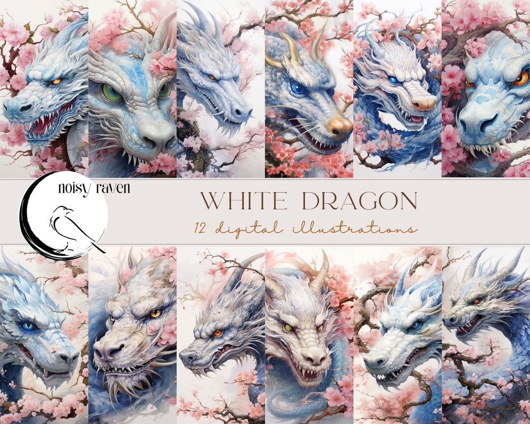 White Dragon & Sakura Flowers Illustrations - Fantasy Artwork of ...