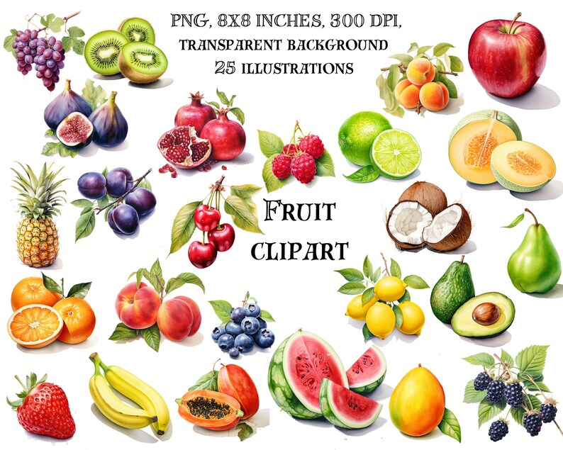 Delicious Fruit Clip Art Set Vibrant Watercolour Illustrations Perfect ...