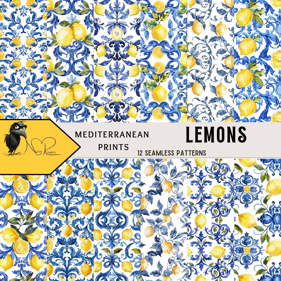 Mediterranean Lemon With Blue Details Seamless Patterns - Holiday Vibes ...