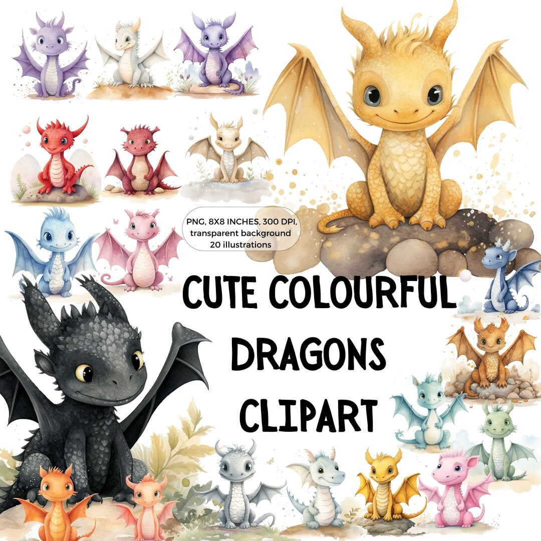 Cute Dragons Watercolour Clip Art Colourful Happy Dragon - Etsy