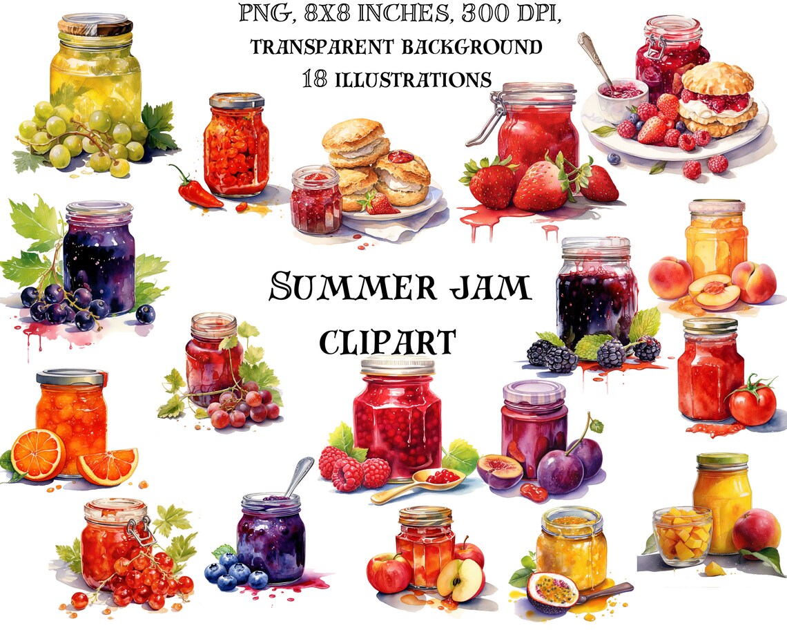 Sweet Delights: Fruit Jam Clip Art Digital Illustrations of Tasty ...