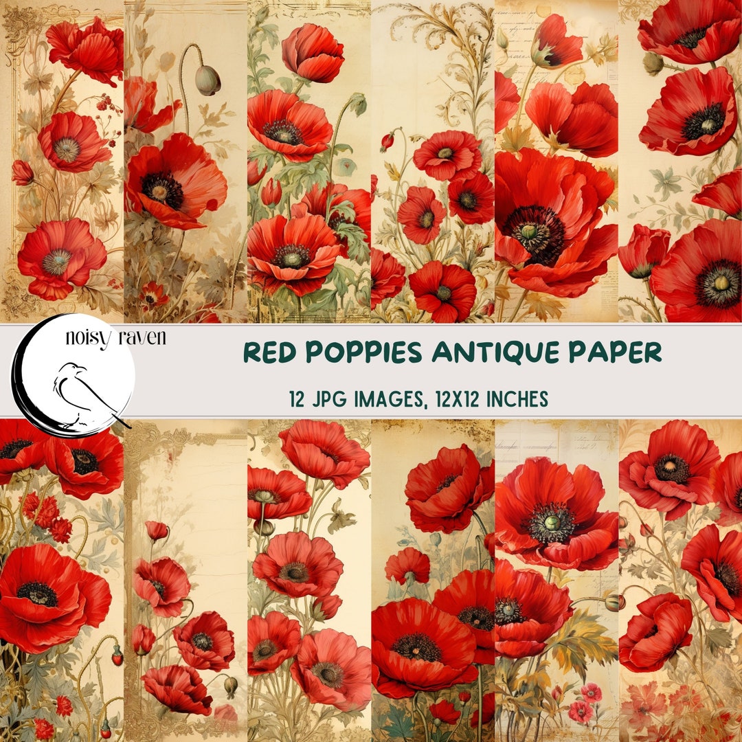 Blooms of Elegance: Red Poppies Junk Journaling Paper - Vintage Digital ...