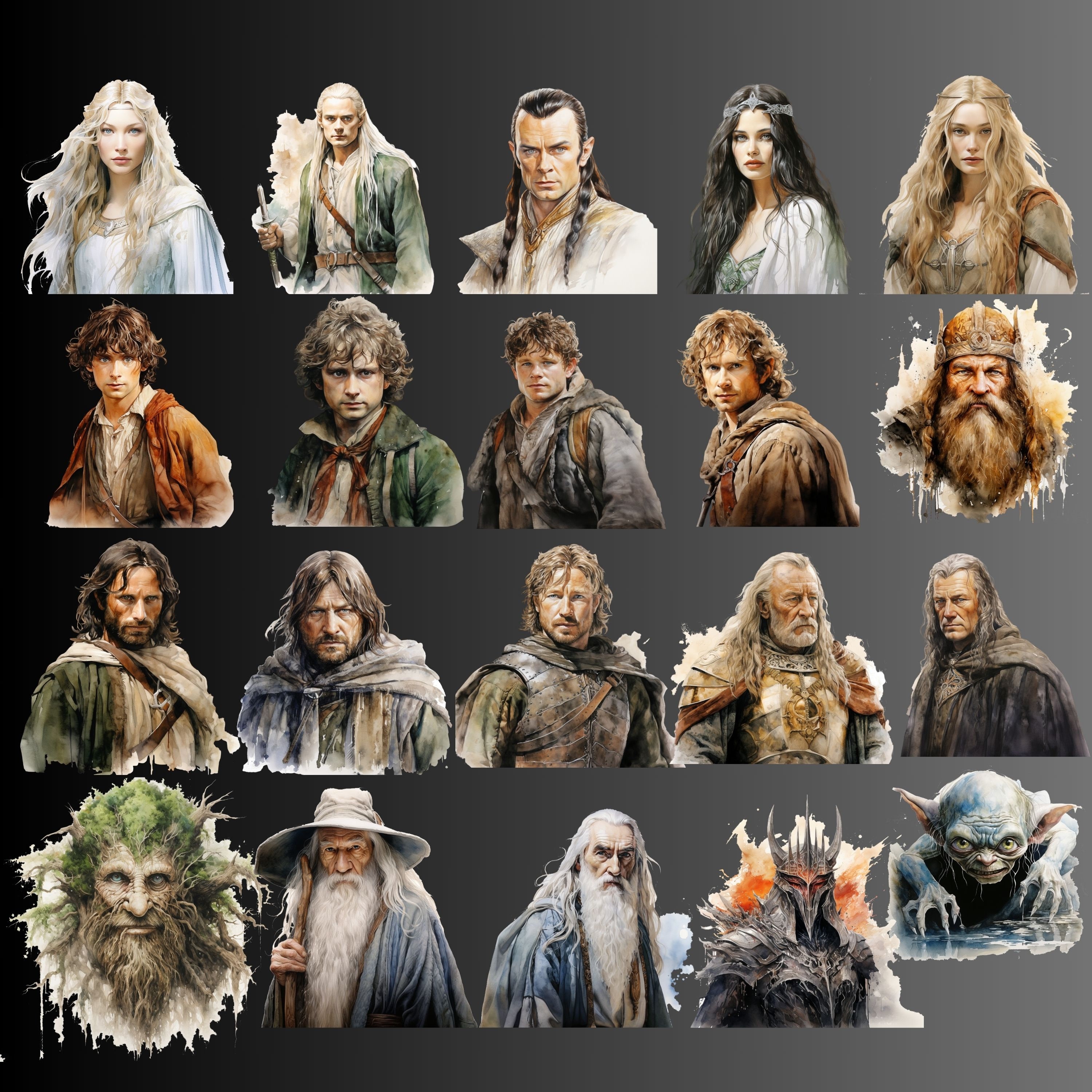 Lord of the Rings Clip Art Iconic Characters Frodo, Aragorn, Gandalf Fantasy Digital ...