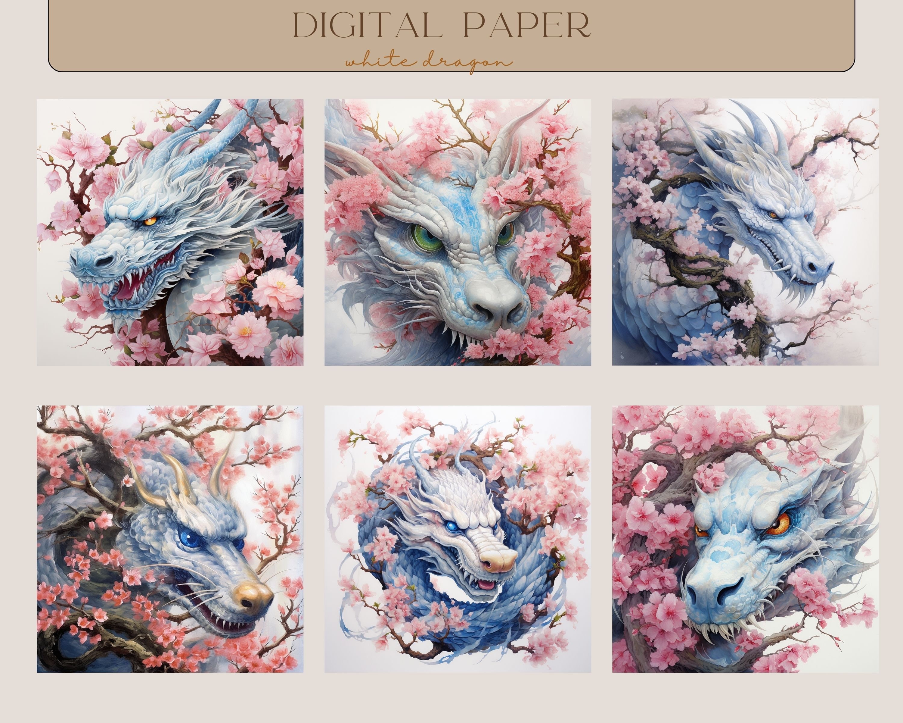 White Dragon & Sakura Flowers Illustrations Fantasy Artwork of ...