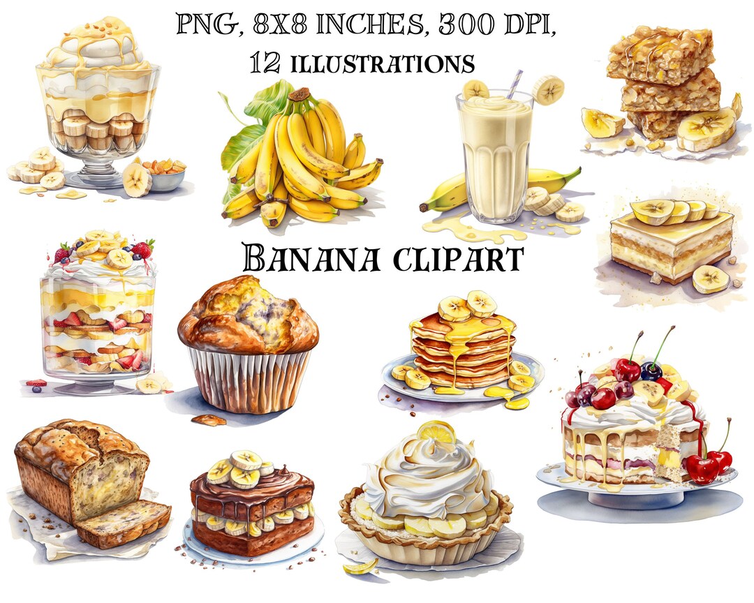 Delicious Banana Recipes Clip Art Set - Culinary Illustrations for ...