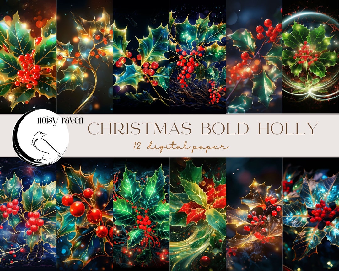 Christmas Holly Digital Paper, Fantasy Bold Colours Holly, Instant ...
