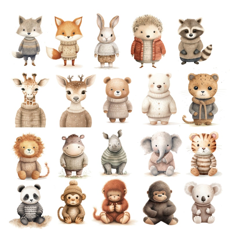 Cute Animals in Sweaters Clip Art Adorable Wildlife Knitwear Clipart ...