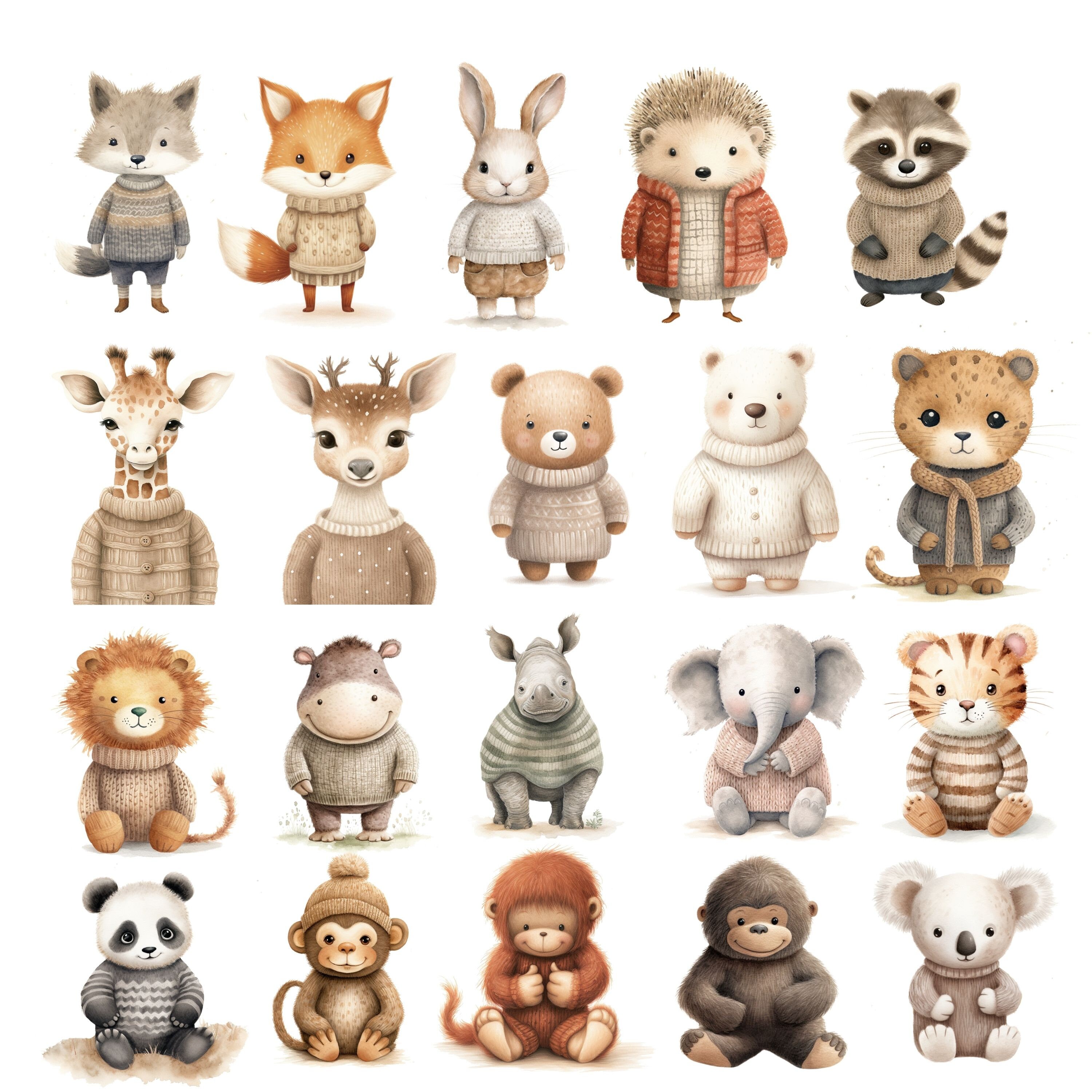 Cute Animals in Sweaters Clip Art Adorable Wildlife Knitwear Clipart ...