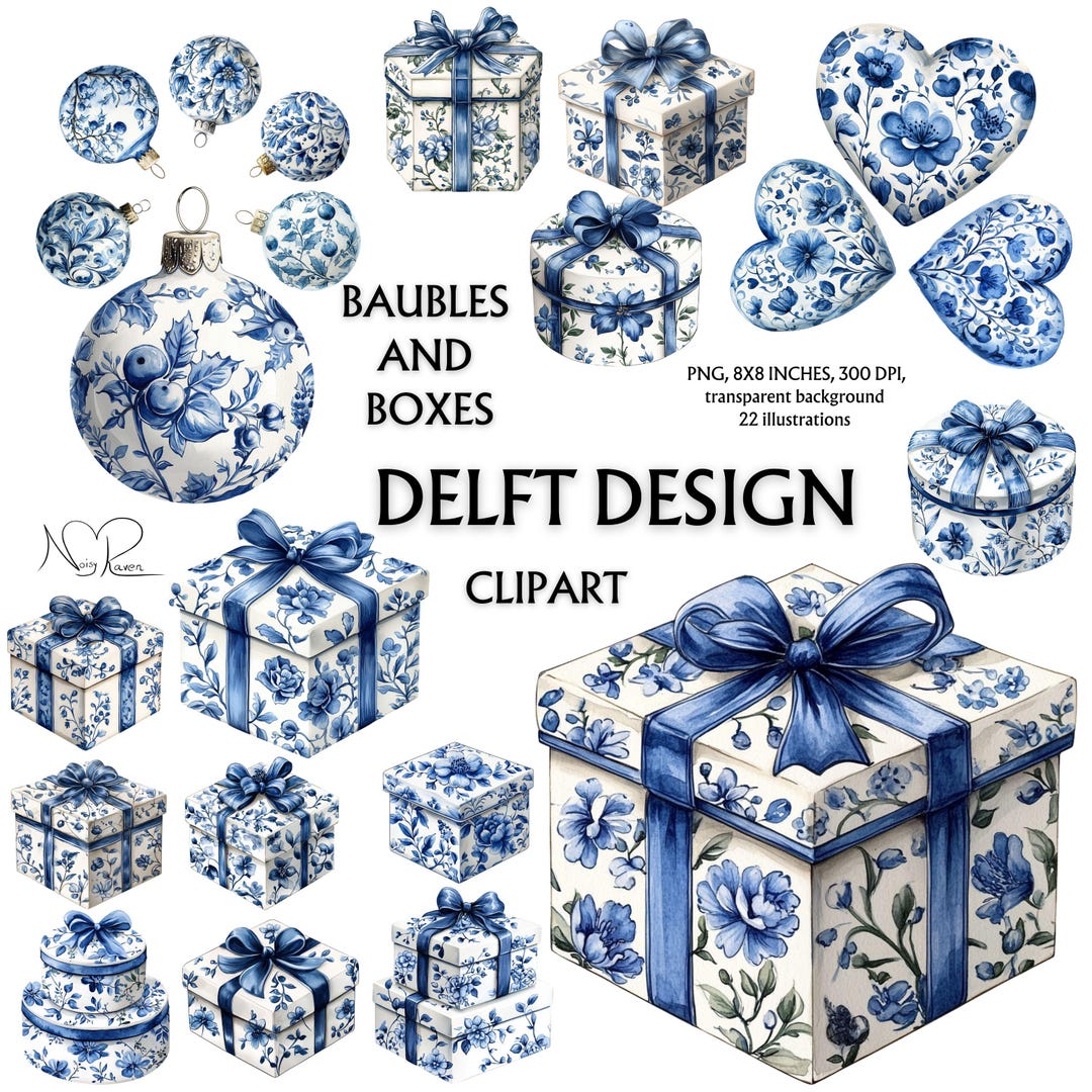 Delft Blue Festive Clip Art - Delftware Baubles & Gift Boxes - Blue ...
