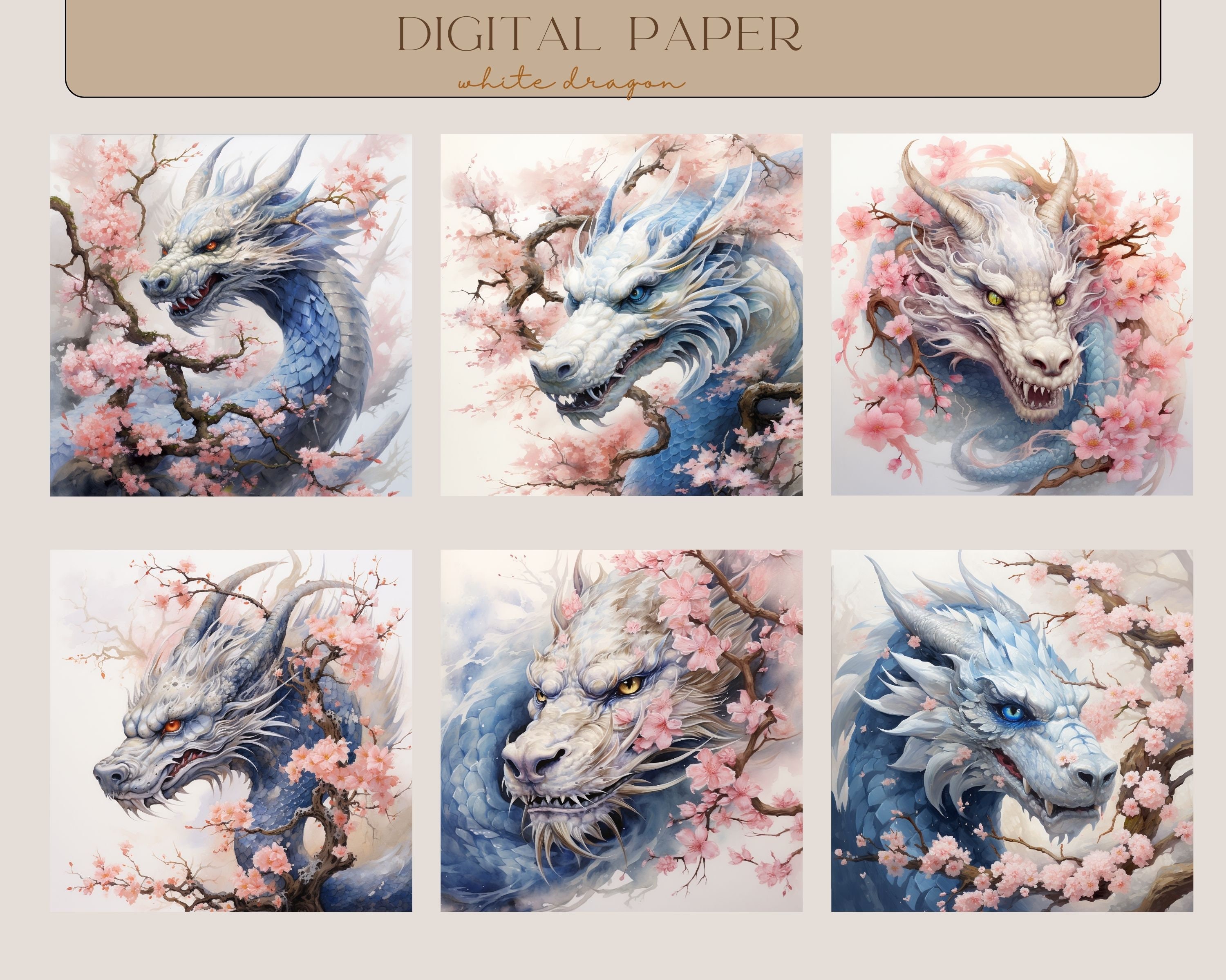 White Dragon & Sakura Flowers Illustrations Fantasy Artwork of ...