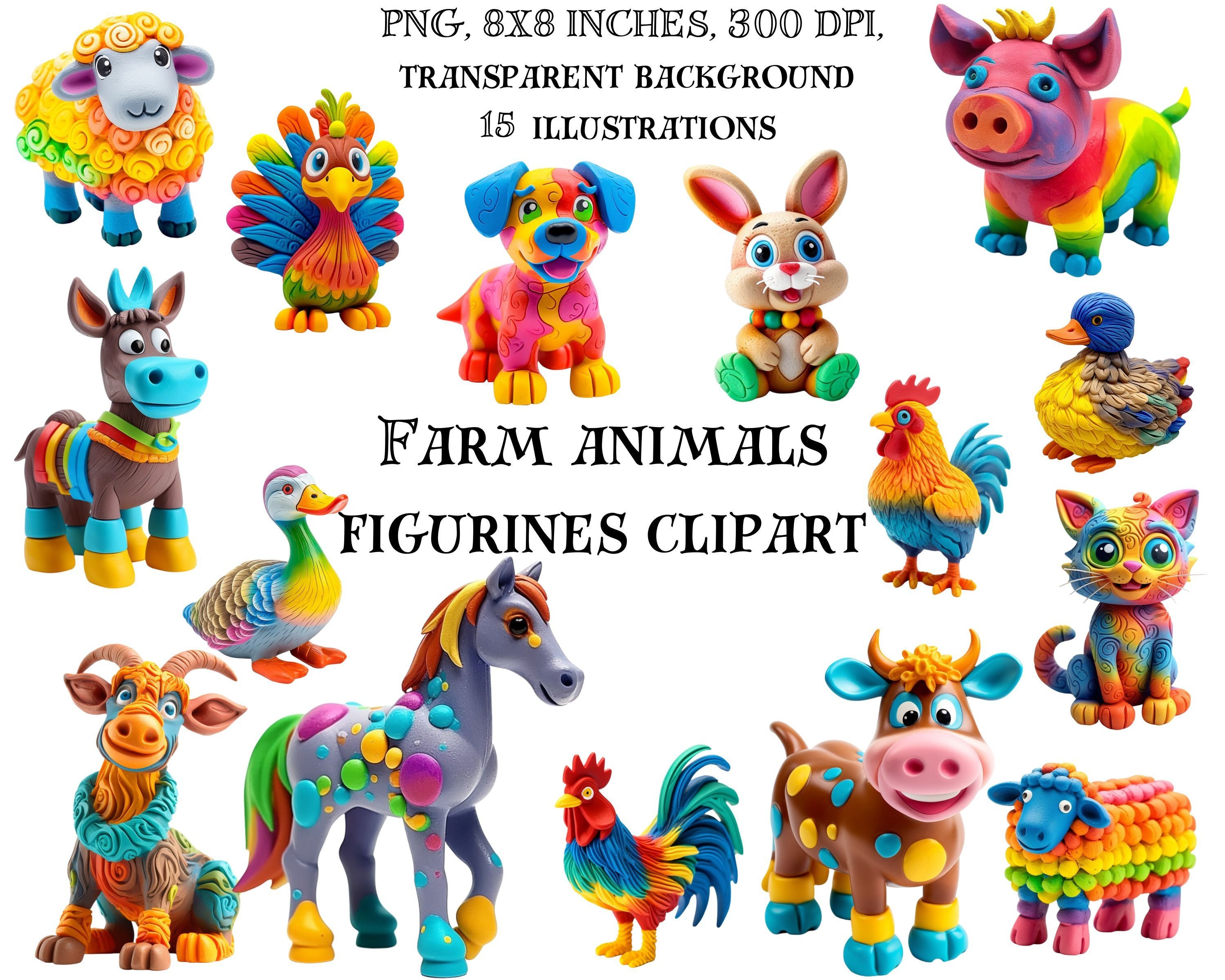 Whimsical Farm Delight: Cute Farm Animals Colorful Plasticine Figurines ...