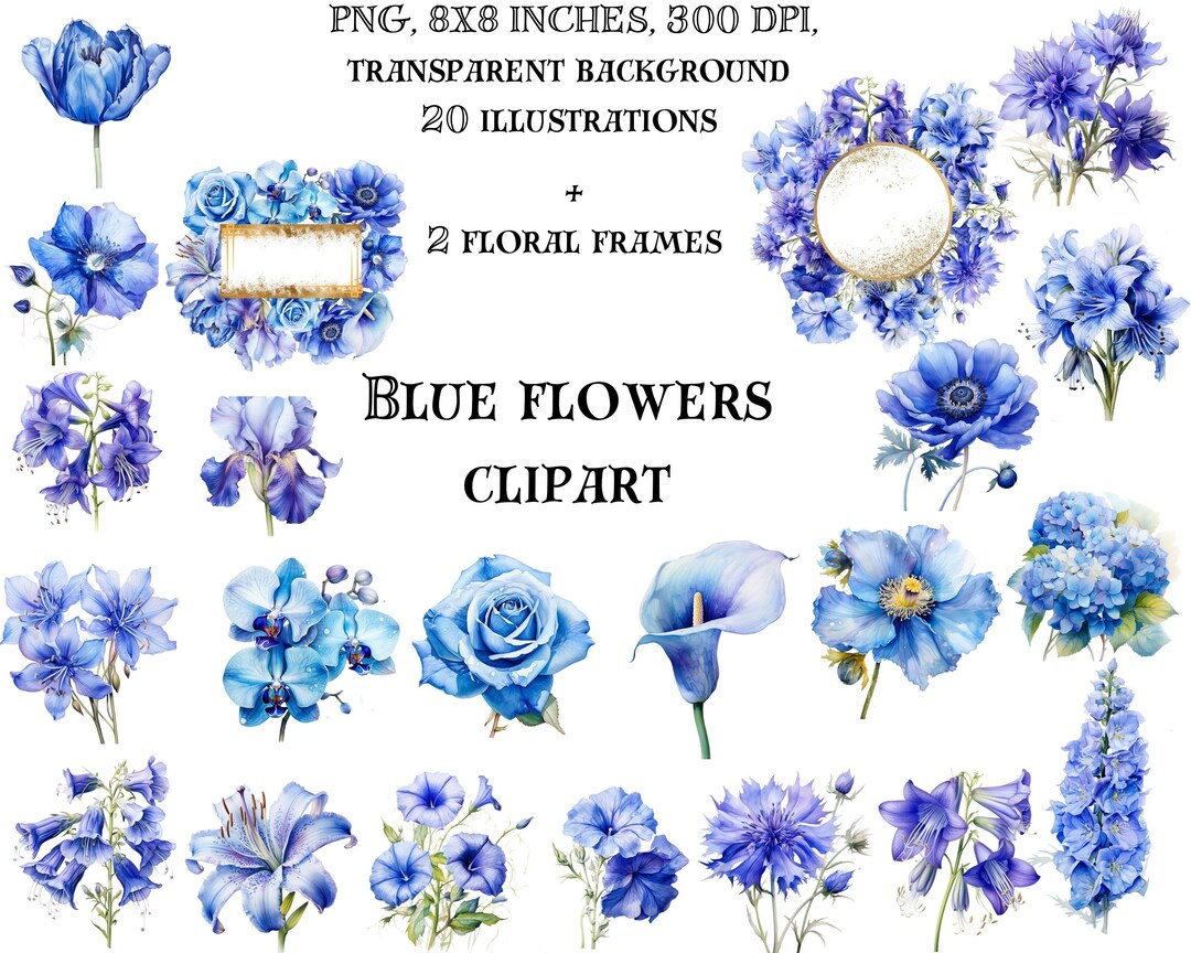 Elegance in Blue: Floral Clip Art - Digital Illustrations of Stylish ...