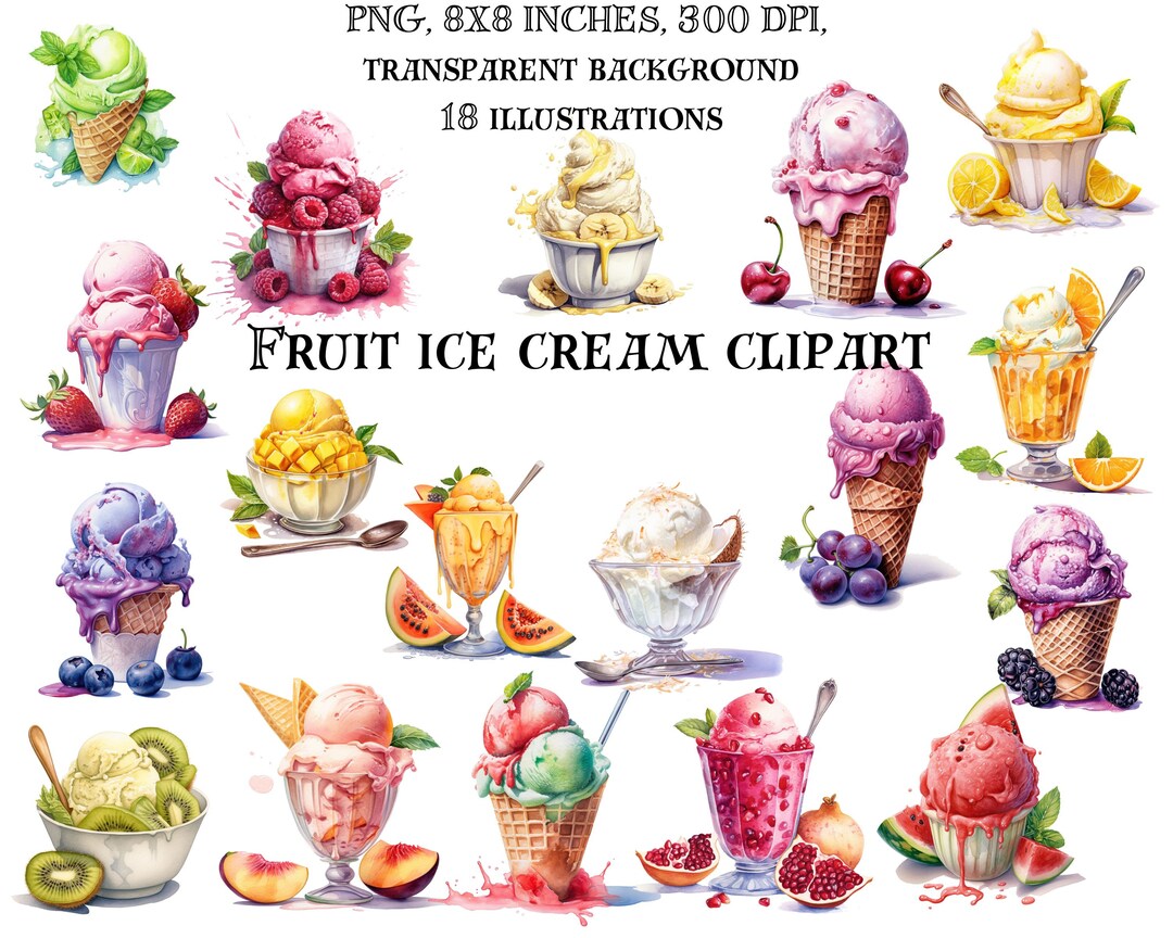 Delicious Fruit Ice Cream Clip Art Set - Vibrant and Fun Digital ...