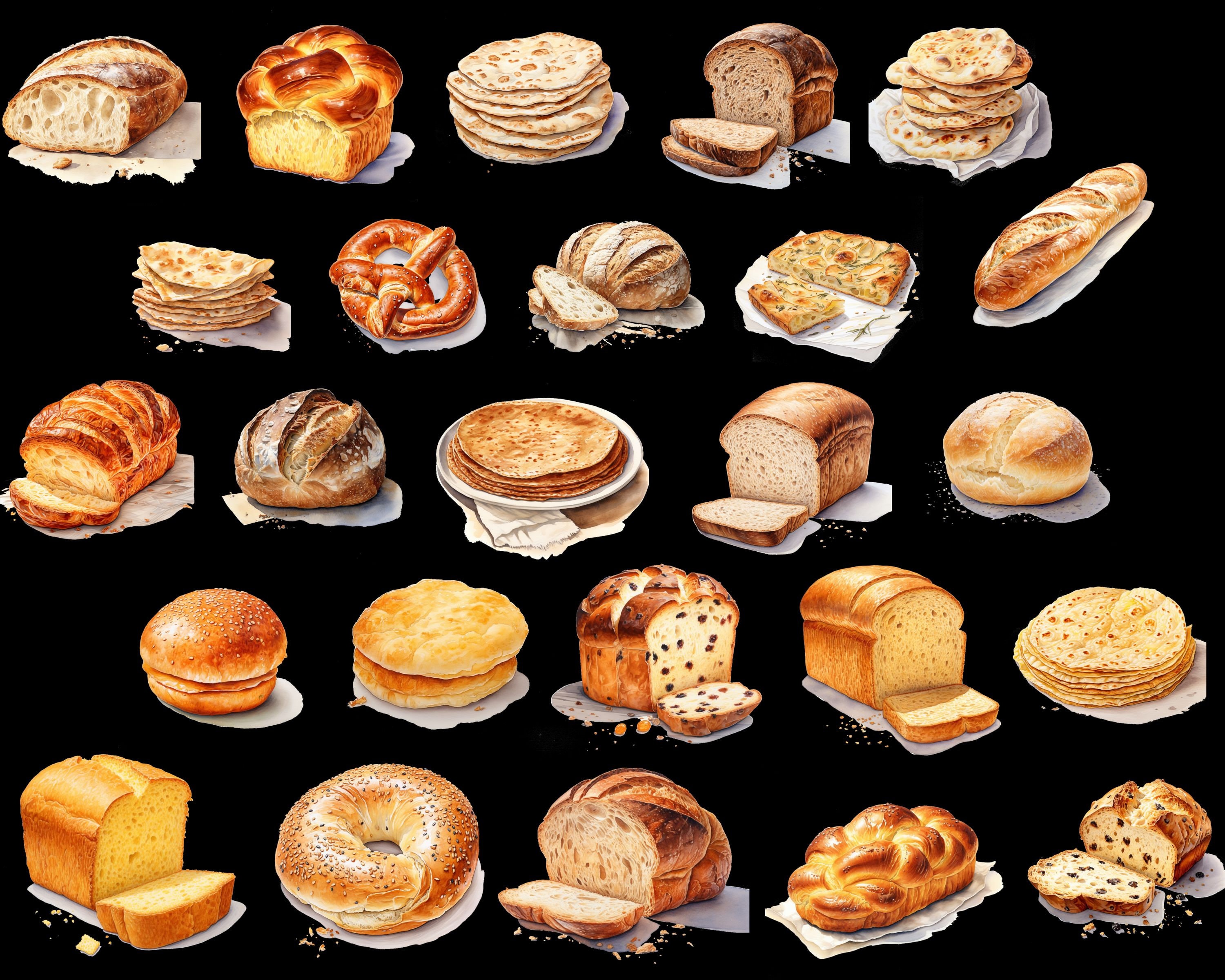 Global Bread Clip Art International Bread Varieties Bakery Illustration for Food Lovers Bread ...