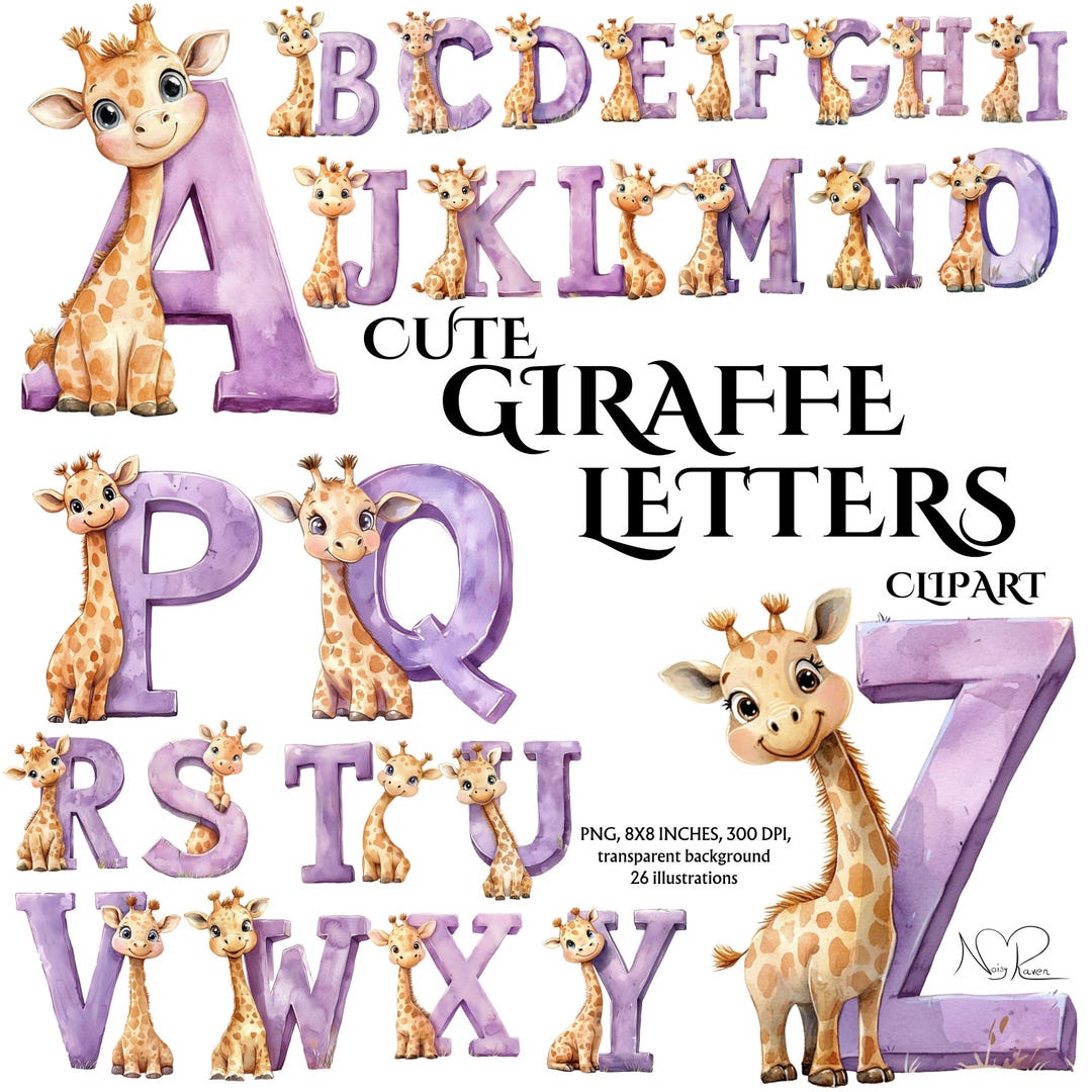 Baby Giraffe Alphabet Clipart – 26 Green Letters With Cute Giraffe ...