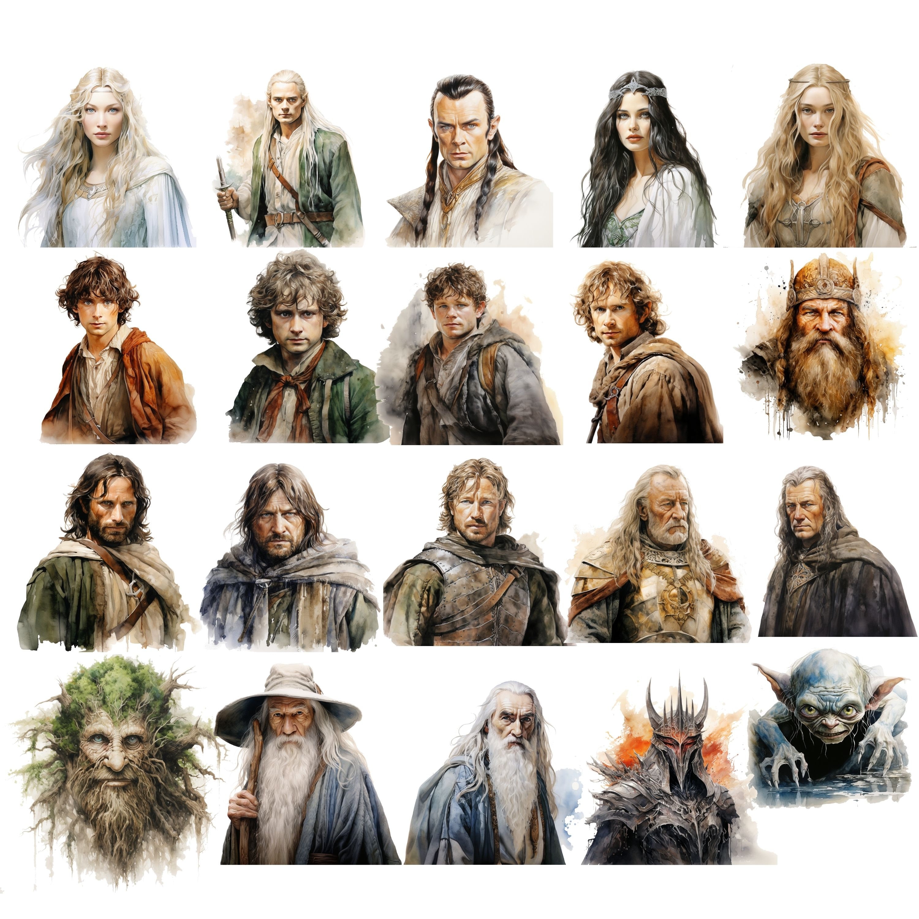 Lord of the Rings Clip Art Iconic Characters Frodo, Aragorn, Gandalf Fantasy Digital ...