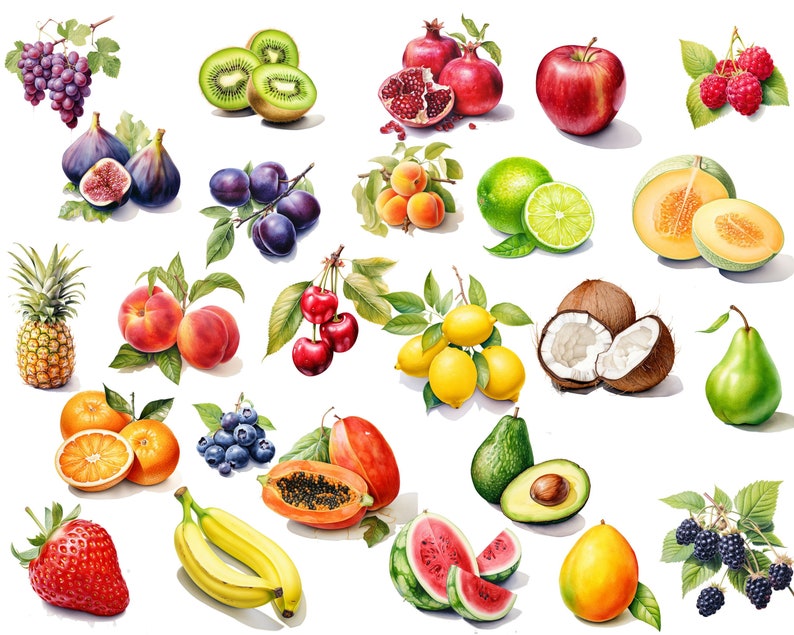 Delicious Fruit Clip Art Set Vibrant Watercolour Illustrations Perfect ...