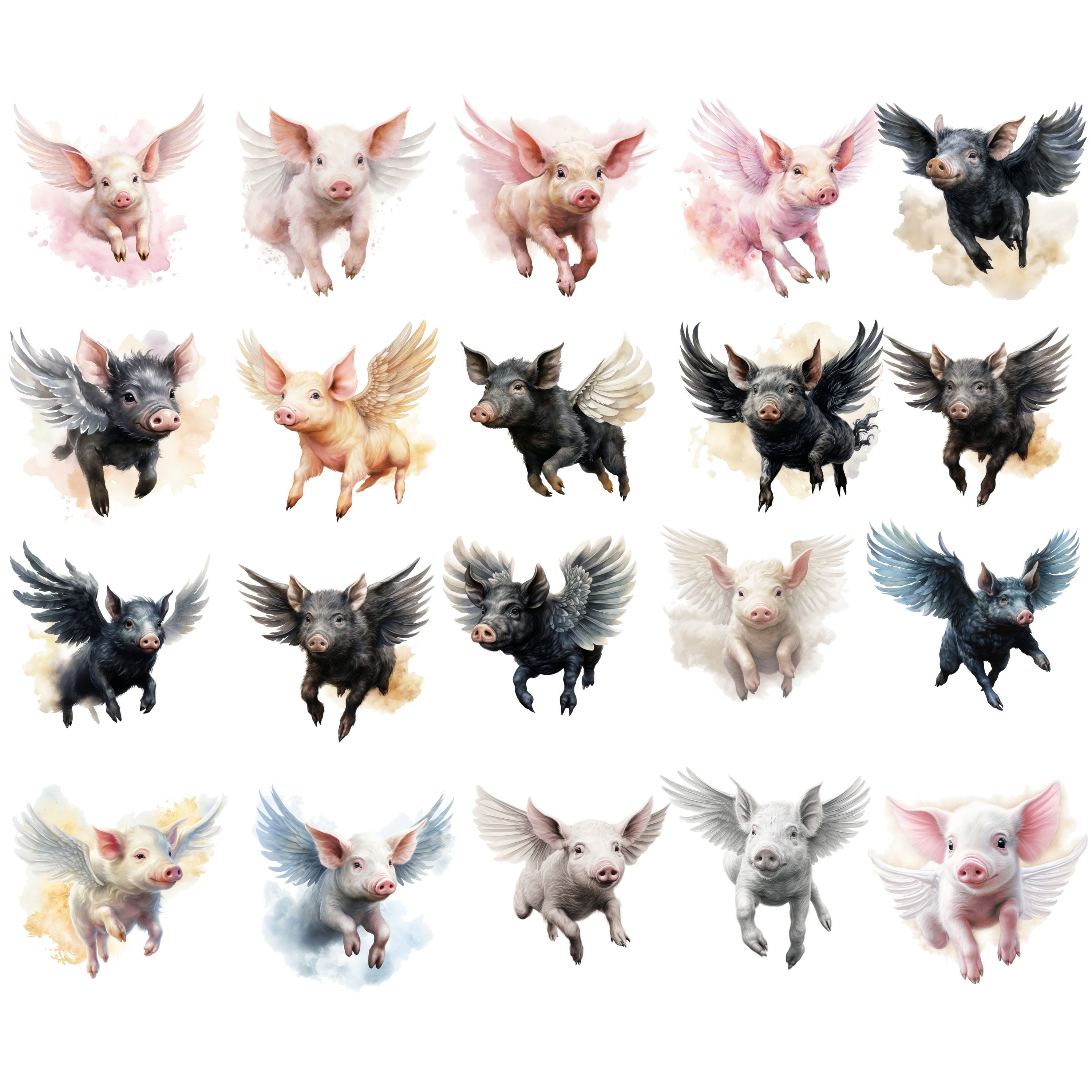 Flying Pig Print, Dreamy Watercolour Illustrations, Funny Clipart for ...