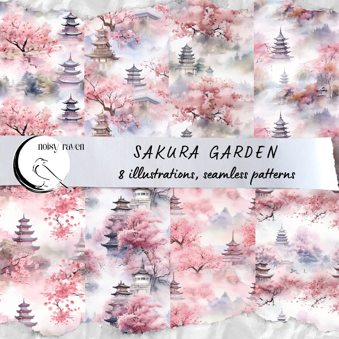 Sakura Garden Seamless Patterns - Zen Japanese Cherry Blossom Designs ...