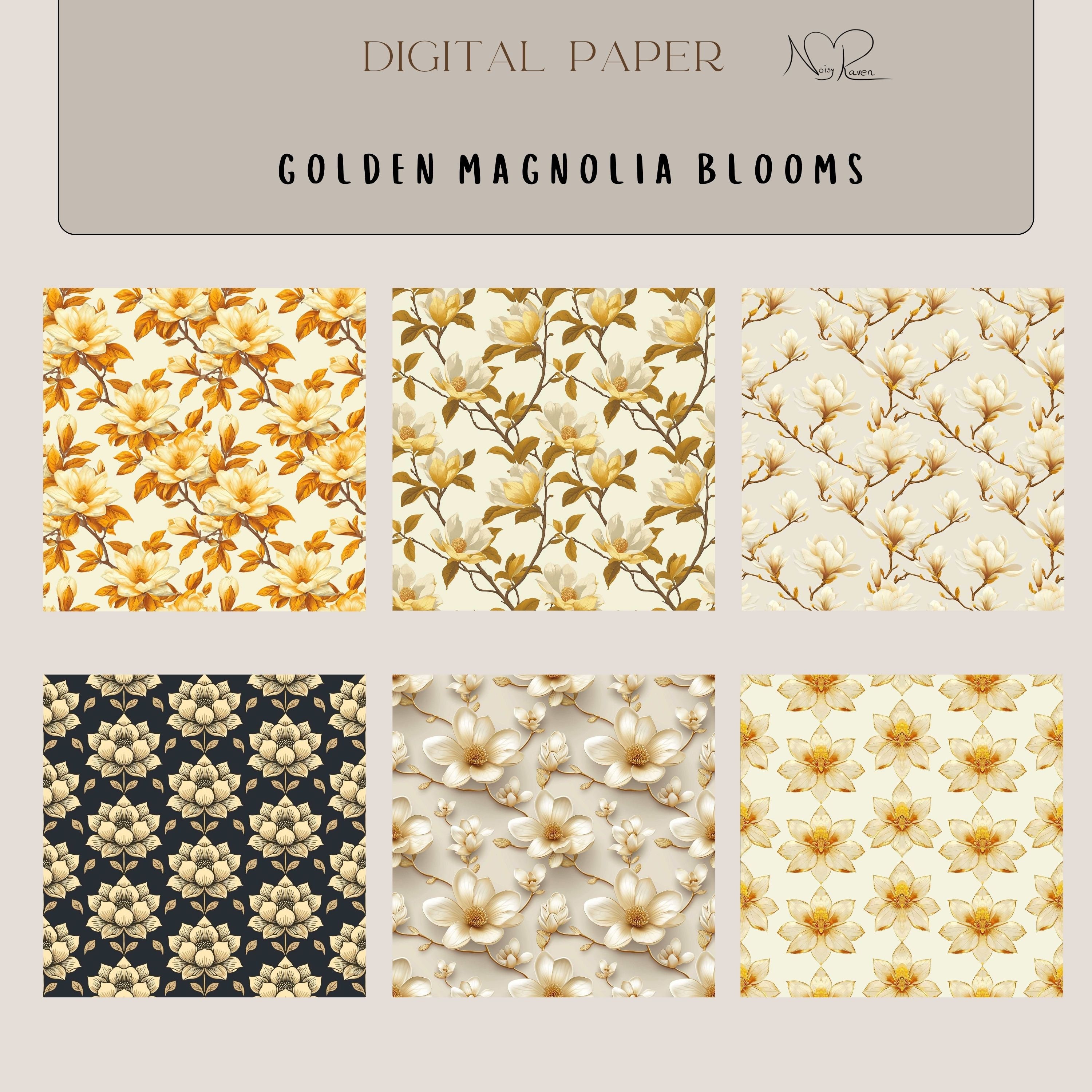 Golden Magnolia Blooms Seamless Patterns Luxurious Floral Textures for ...