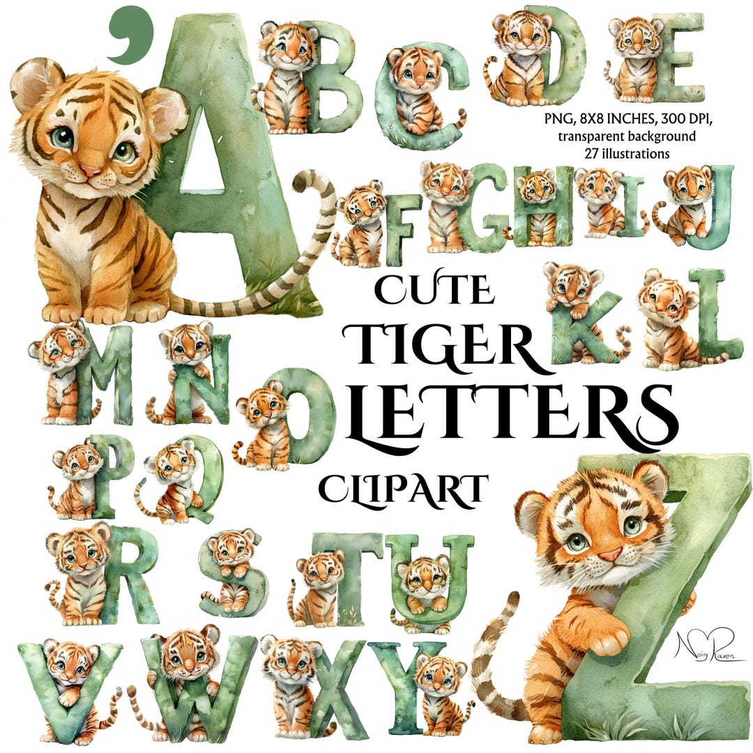 Baby Tiger Alphabet Clipart – 26 Green Letters With Cute Tiger ...