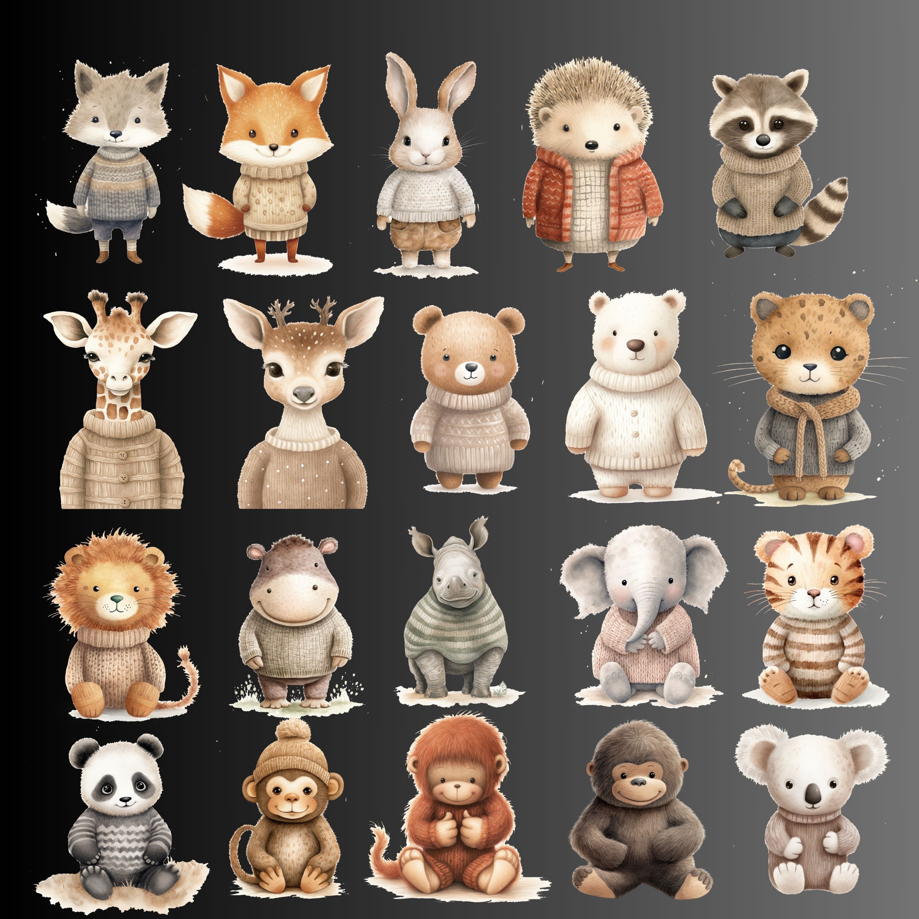 Cute Animals in Sweaters Clip Art Adorable Wildlife Knitwear Clipart ...