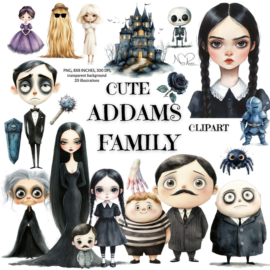 Addams Family Watercolor Clipart - Spooky, Gothic, Cute Halloween ...