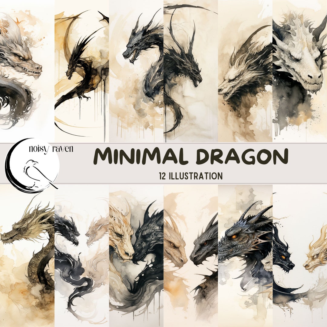 Minimal Beige Black Dragon Illustrations - Elegant Simple Mythical ...