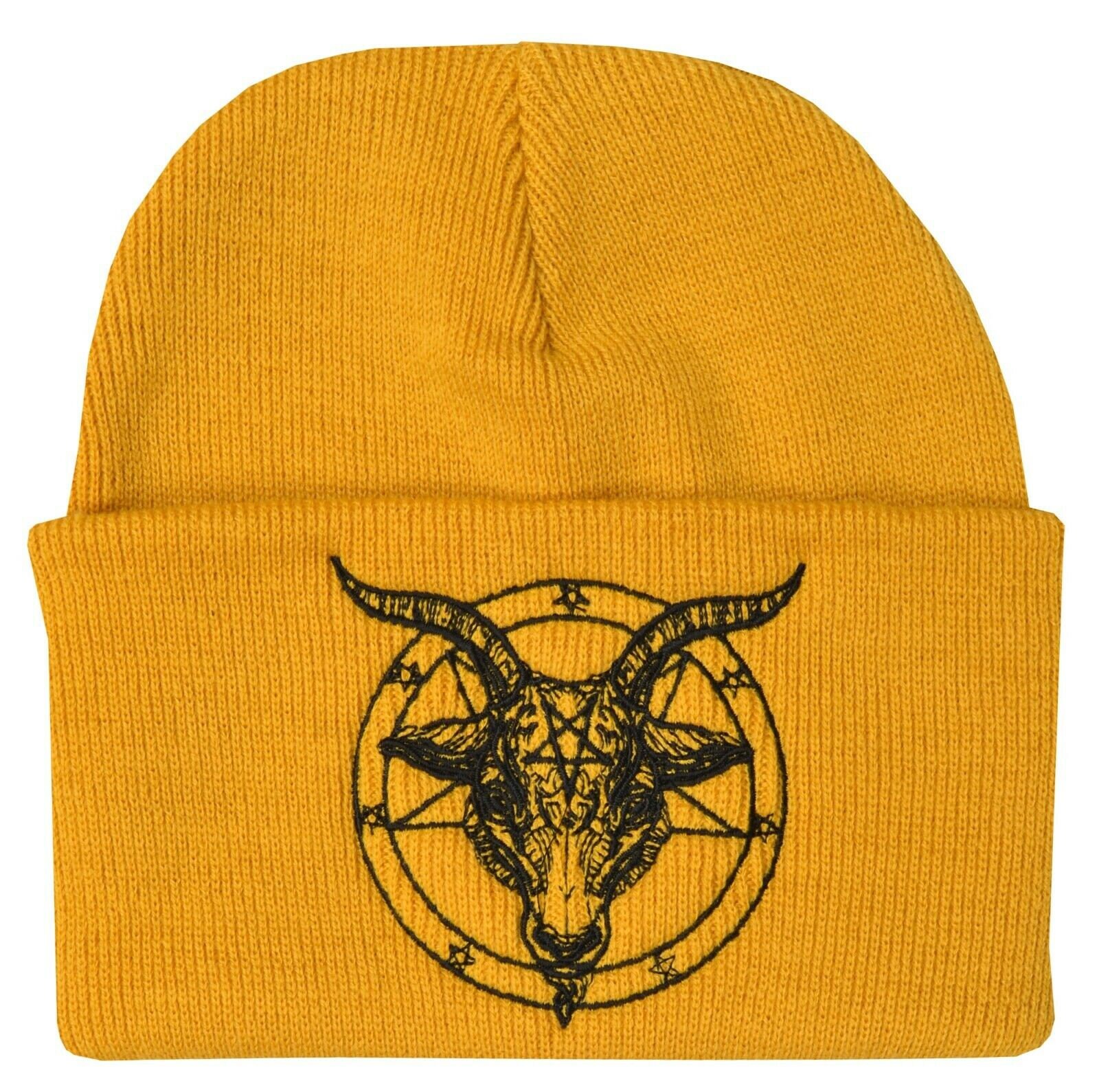 Baphomet Mustard Yellow Beanie Hat Embroidered Pentagram Satanic Occult ...