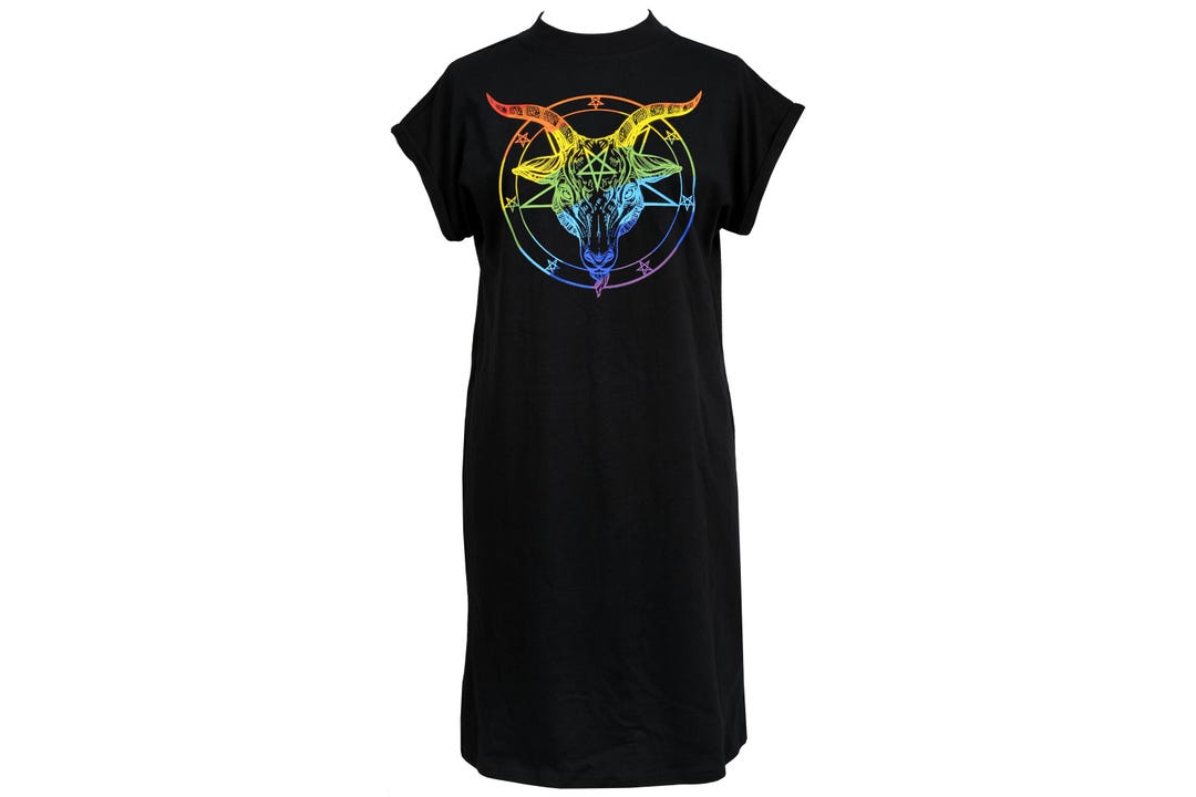Rainbow Baphomet T-shirt Dress – Occult Goat Head Pentagram Dress ...