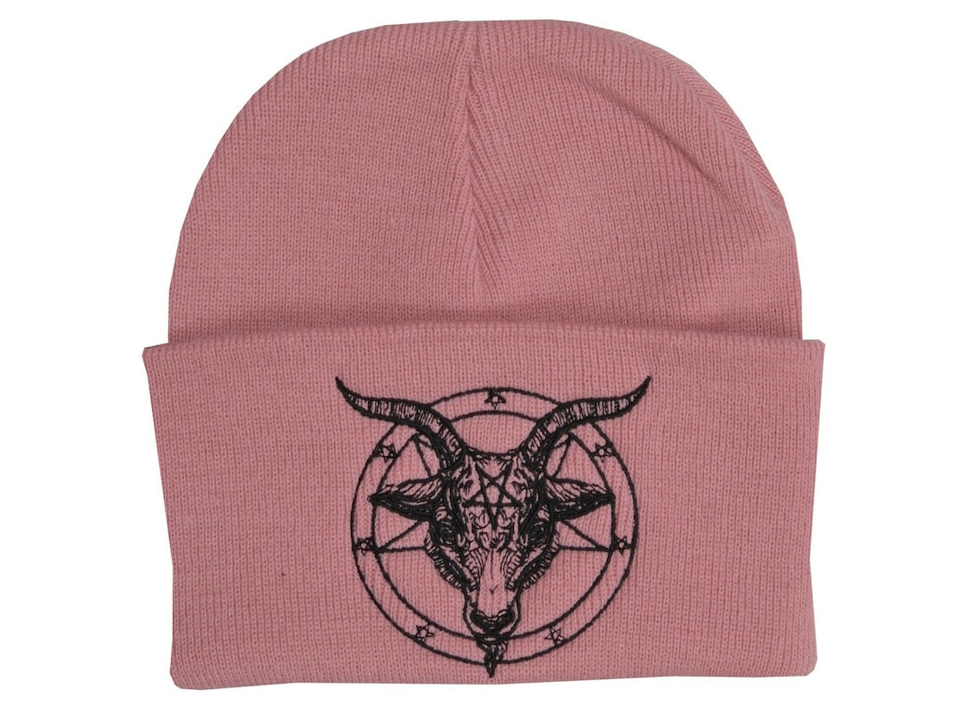 Baphomet Dusty Pink Beanie Hat Embroidered Pentagram Satanic Occult ...