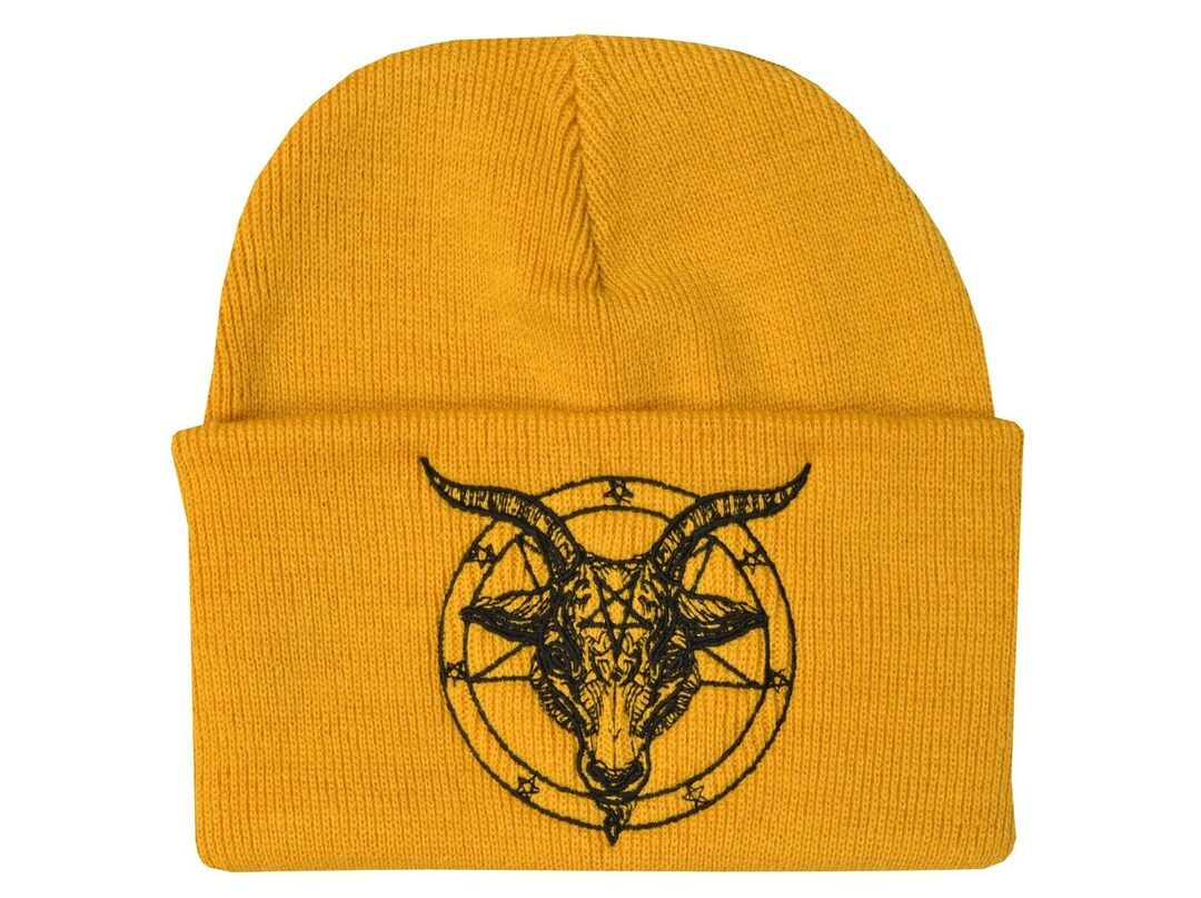 Baphomet Mustard Yellow Beanie Hat Embroidered Pentagram Satanic Occult ...