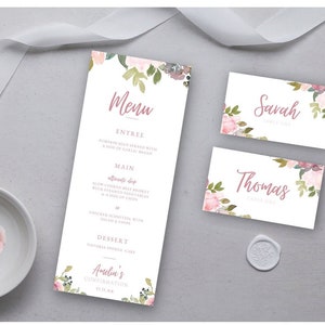 Boho Blush Pink Floral Printable Menu and Place Cards Template Set ...