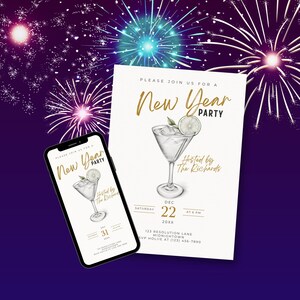 Nye Party Invite, New Year's Eve Party Invitation, Red Wine and ...