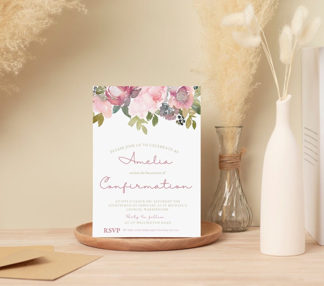 Blush Pink Floral Confirmation Invitation Template, Printable Catholic ...