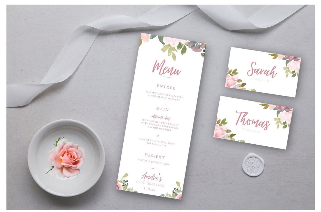 Boho Blush Pink Floral Printable Menu and Place Cards Template Set ...