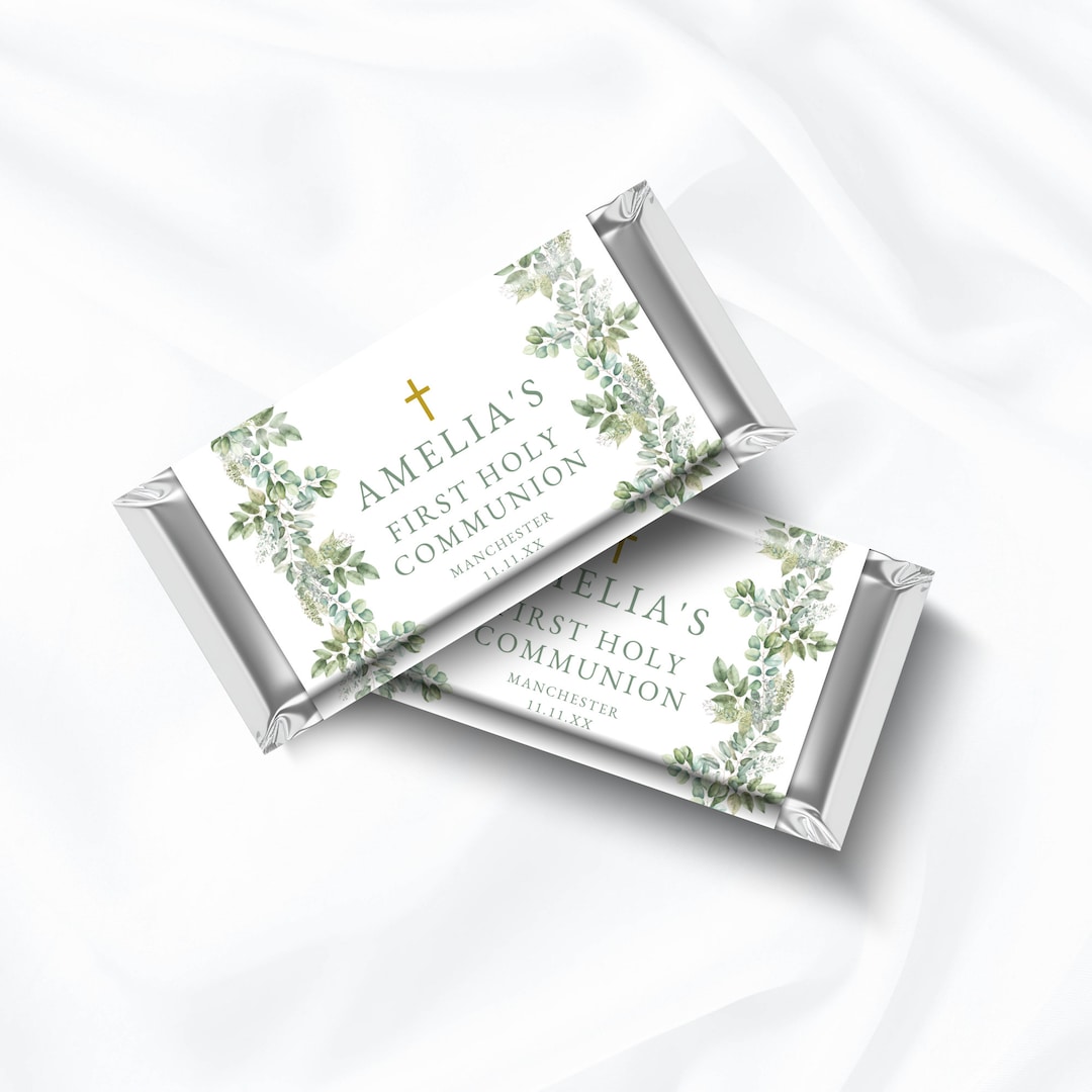 First Holy Communion Candy Bar Label, Greenery 1st Communion Favor ...