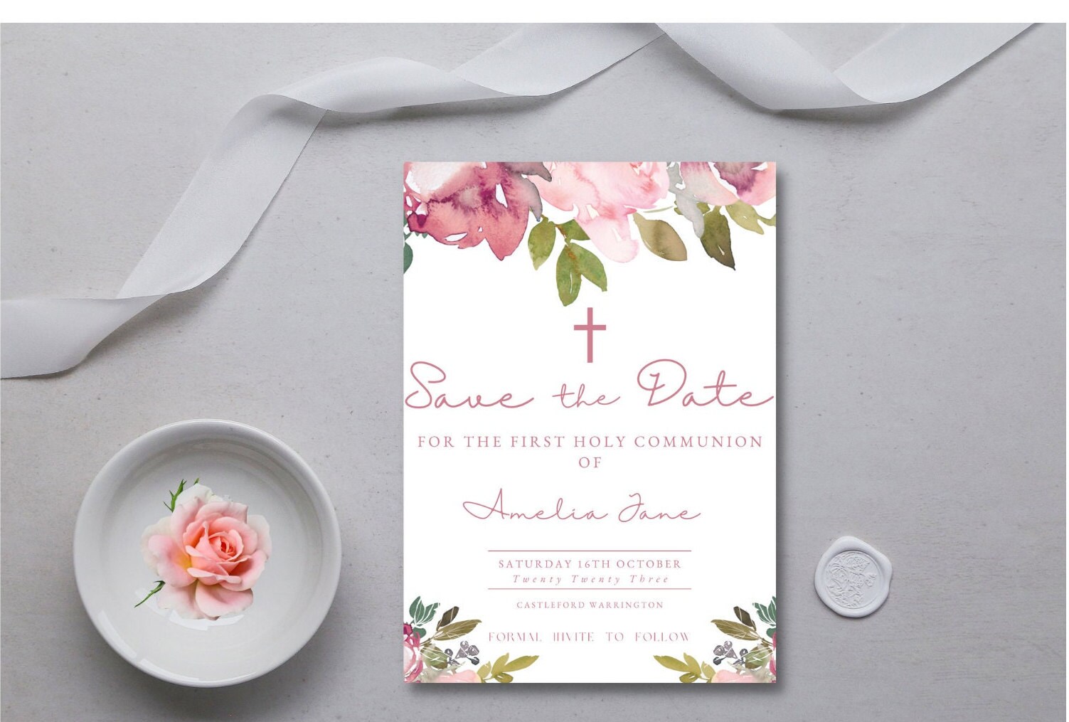 Blush Pink Floral First Holy Communion Invitation Save the Date Canva ...