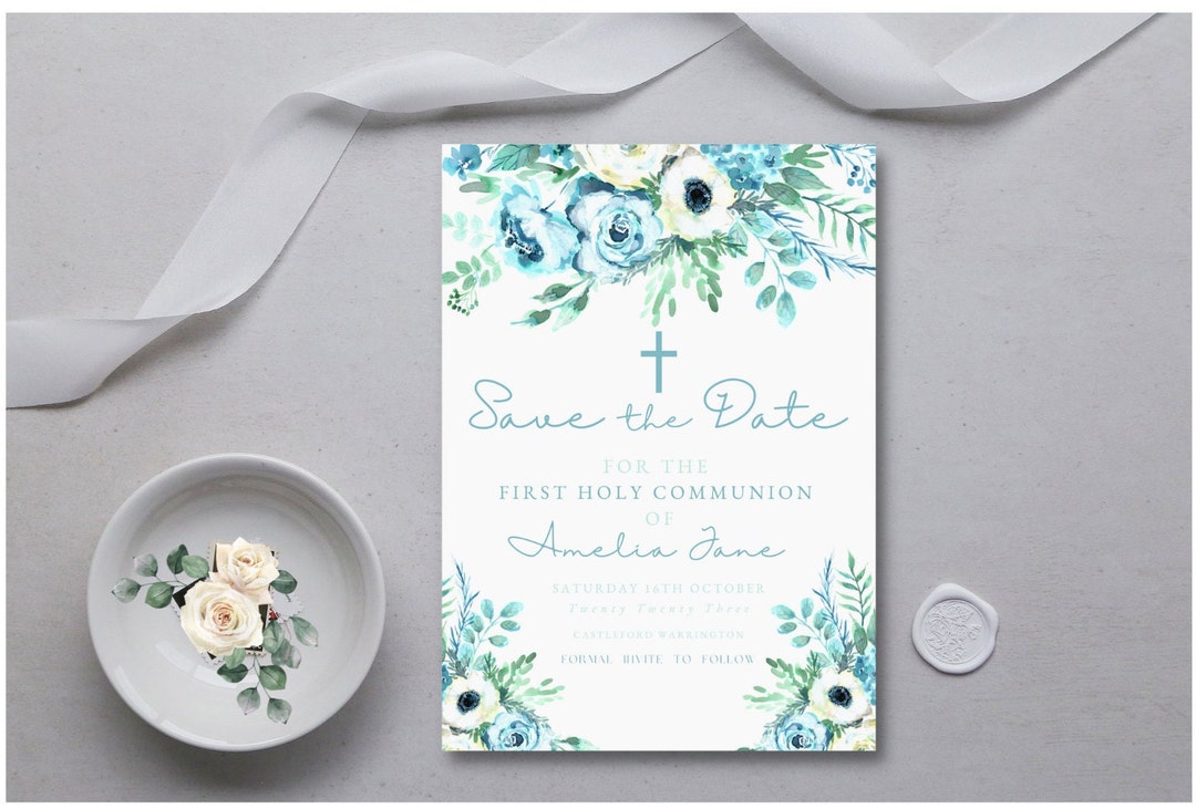 Editable Teal Green Floral Printable First Holy Communion Save the Date ...
