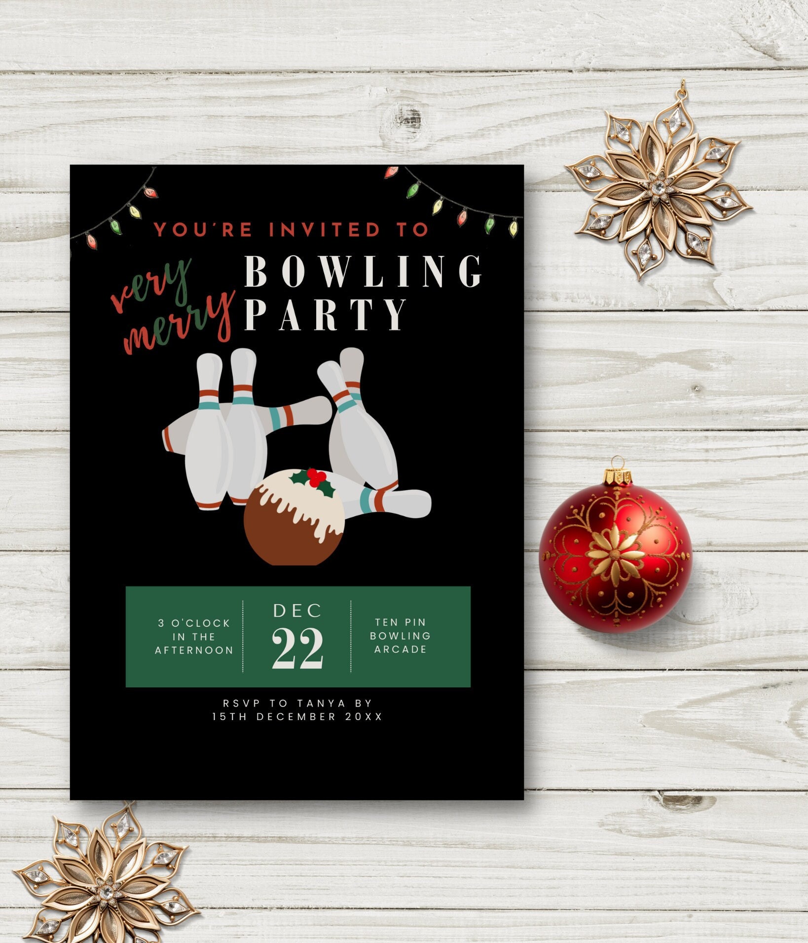 Editable Christmas Bowling Party Invitations, Custom Holiday Bowling ...