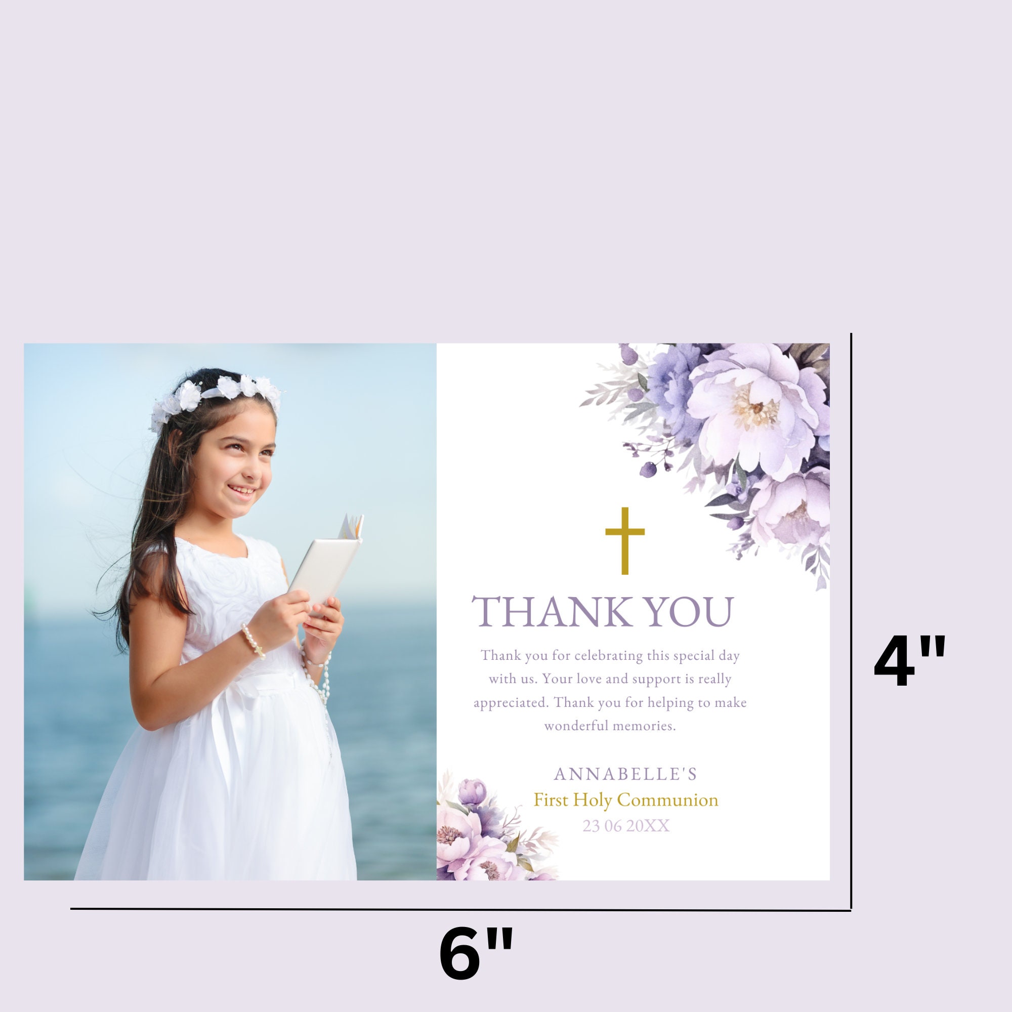 Purple Floral First Communion Thank You Template, Flower Note Card ...