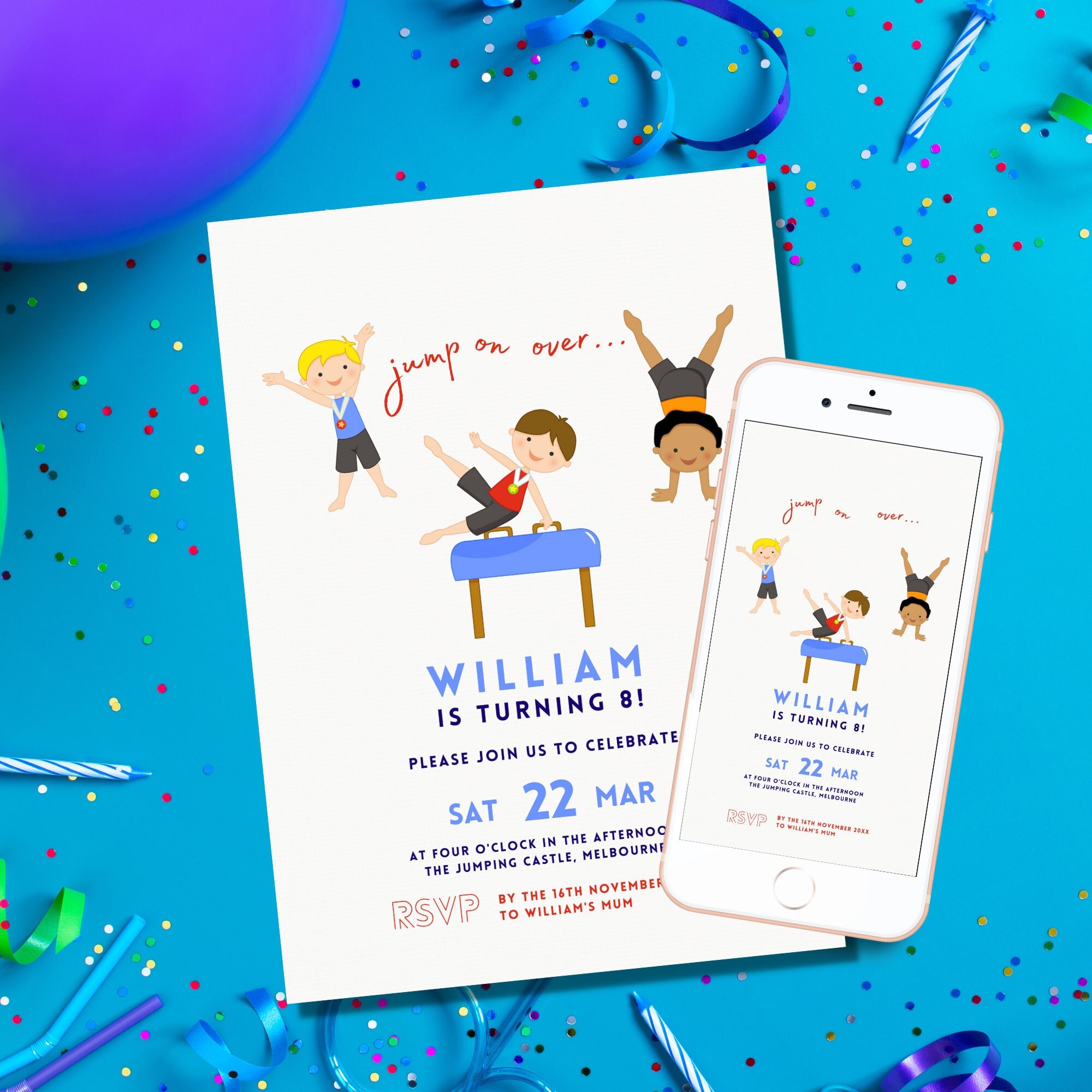 Boy Birthday Party Invitation Gym EDITABLE Gymnastics Birthday ...