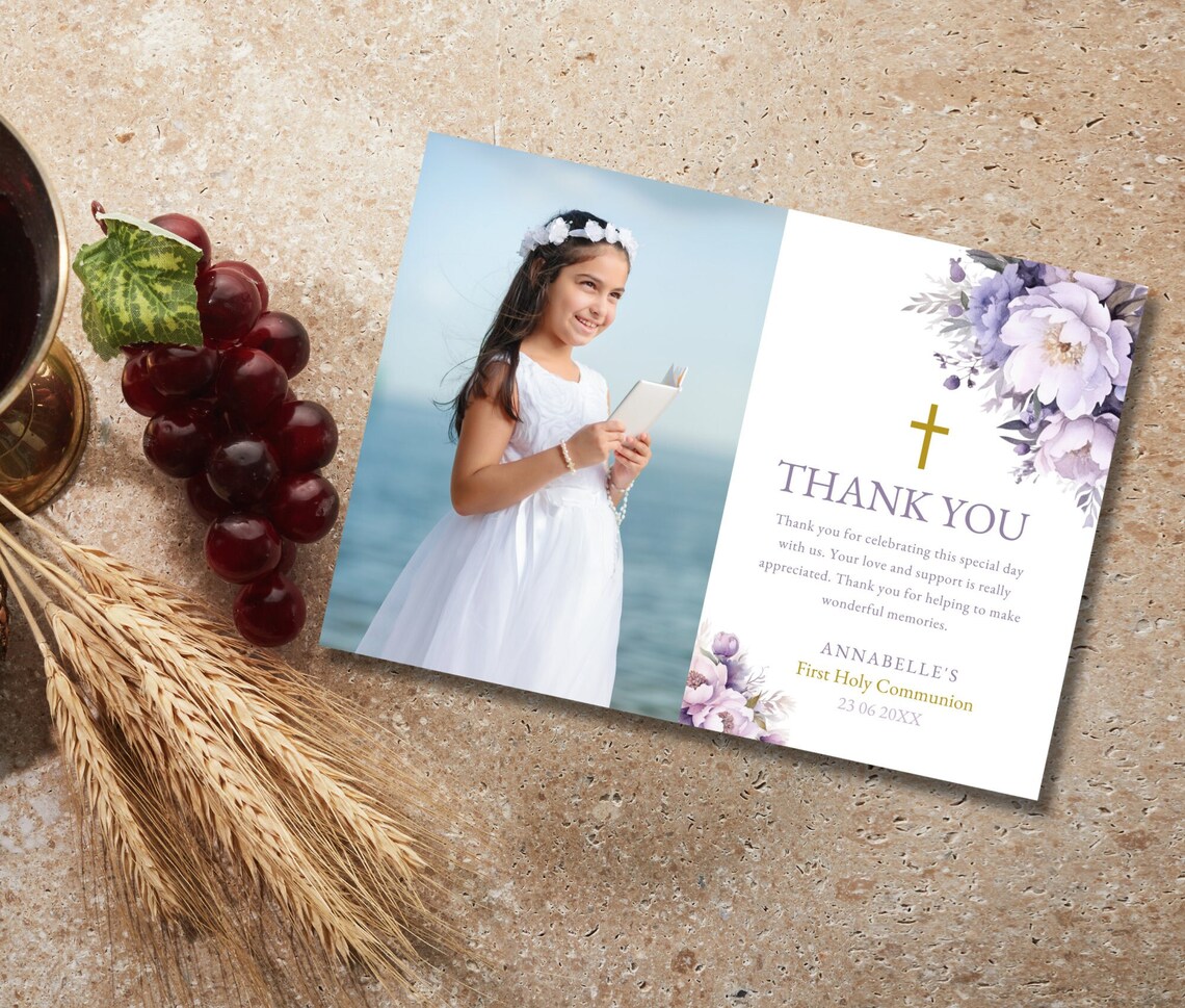 Purple Floral First Communion Thank You Template, Flower Note Card ...