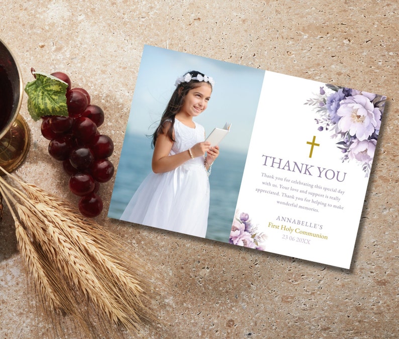 Purple Floral First Communion Thank You Template, Flower Note Card ...
