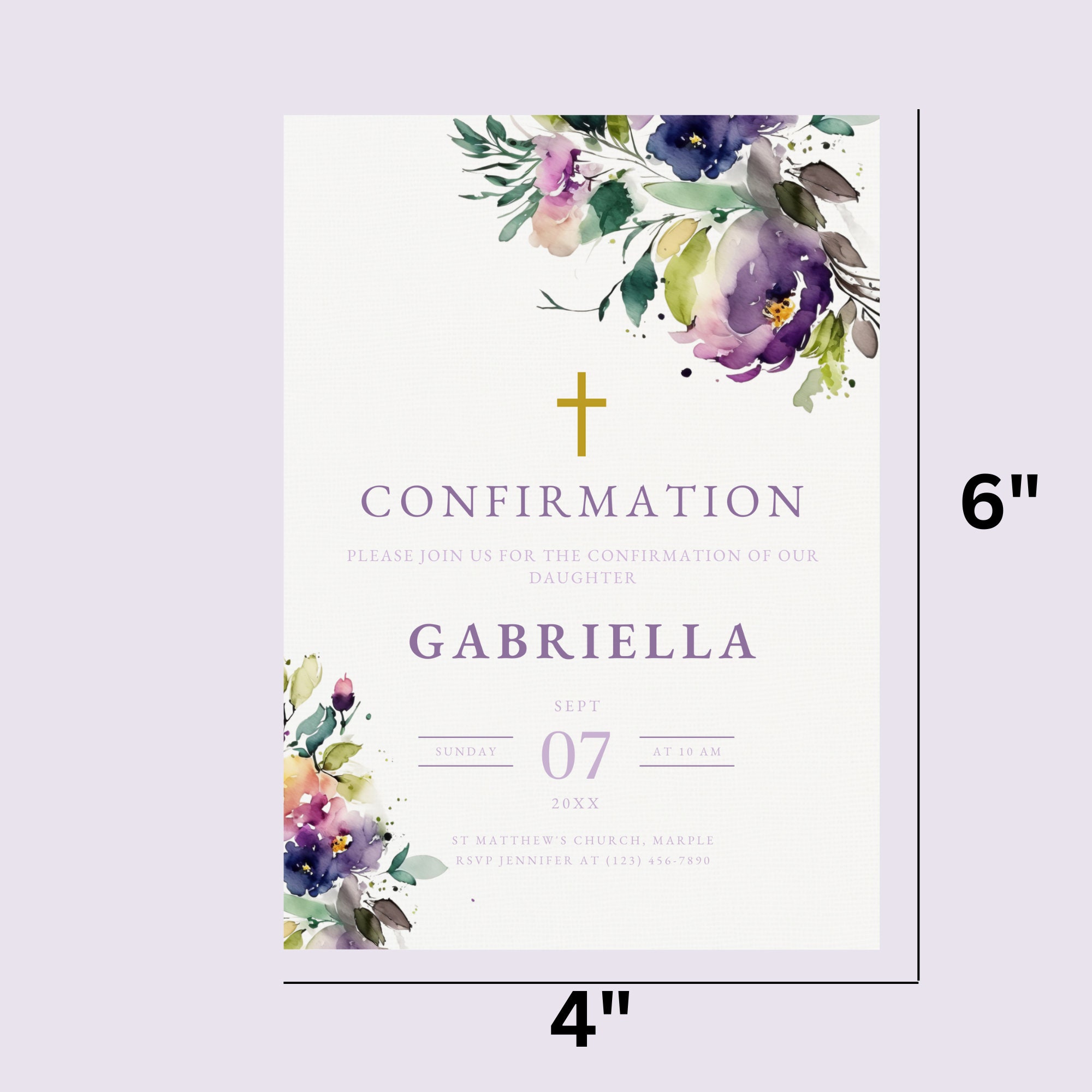 Purple Floral Digital Invitation for Confirmation Editable Girl ...