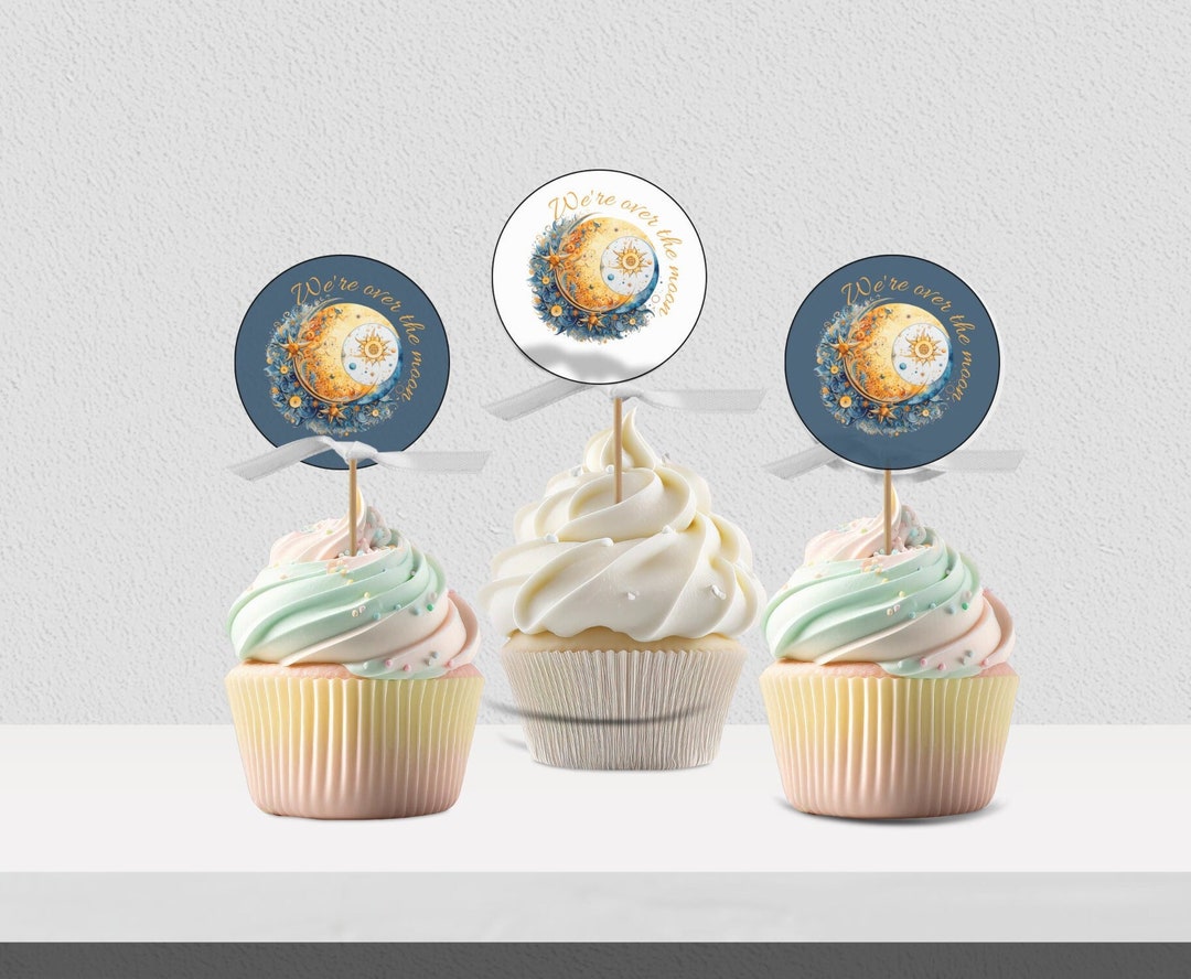 Over the Moon Cake Topper, Moon Baby Shower Cupcake Topper, Space ...